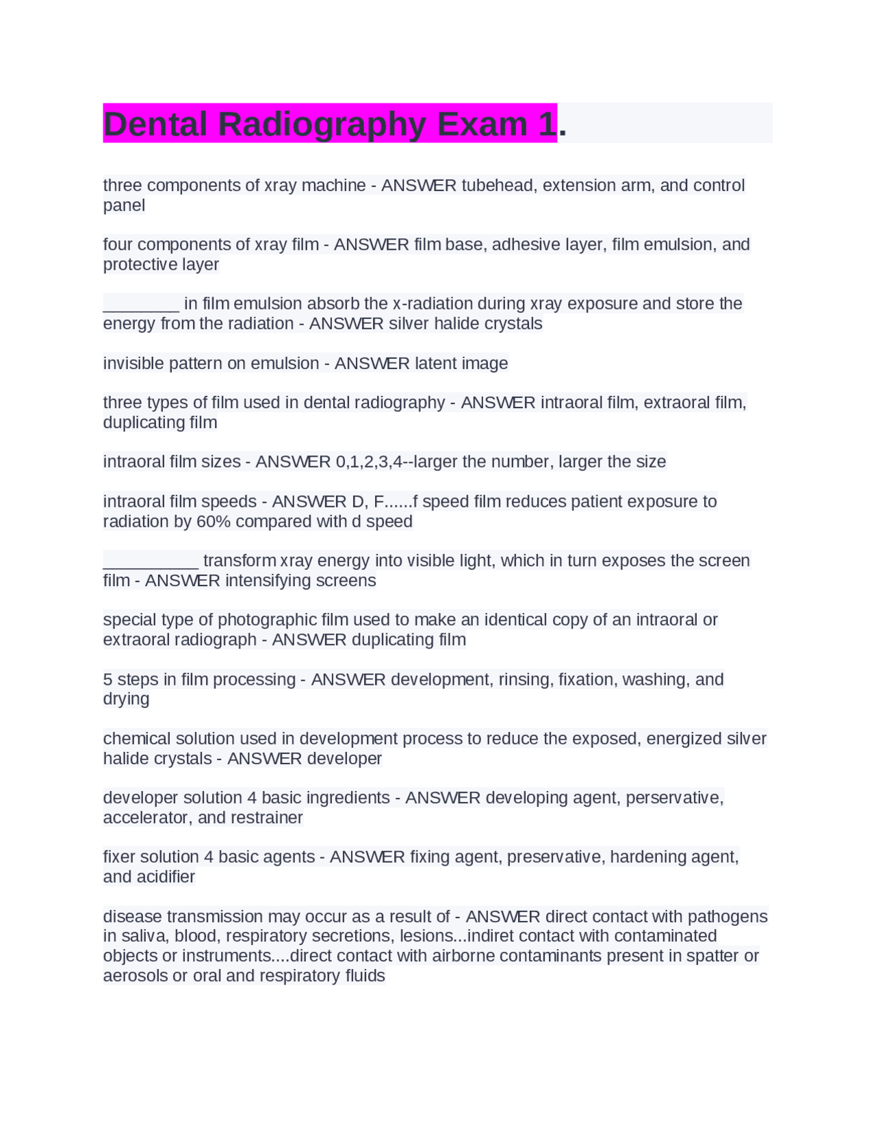 Dental Radiography Exam 1. | Exams Nursing | Docsity