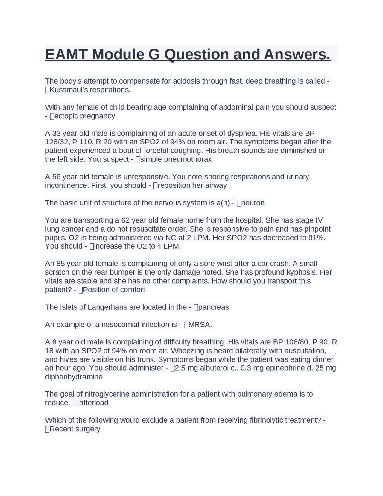 EAMT Module G Question and Answers. | Exams Nursing | Docsity
