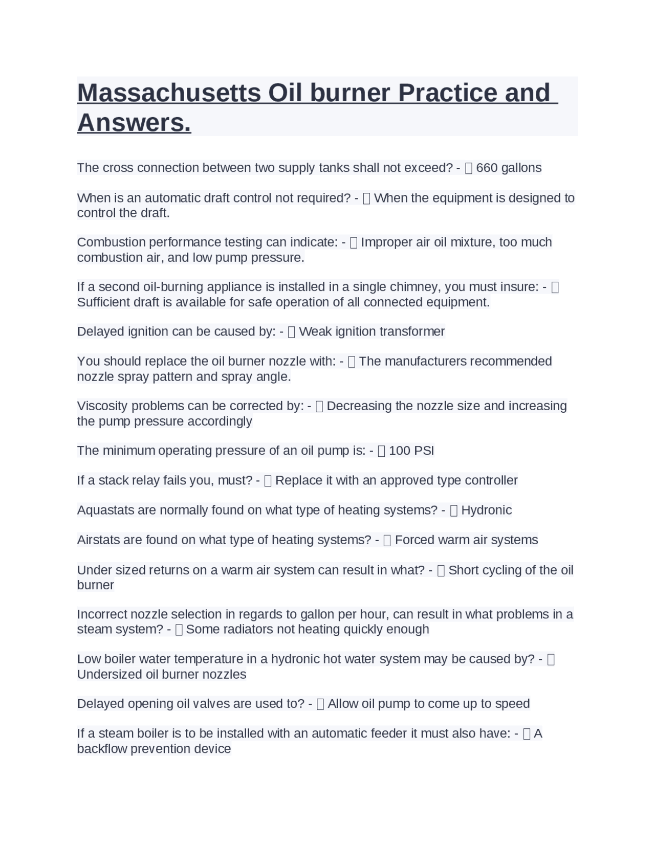 Massachusetts Oil Burner Practice And Answers Exams Engineering Docsity