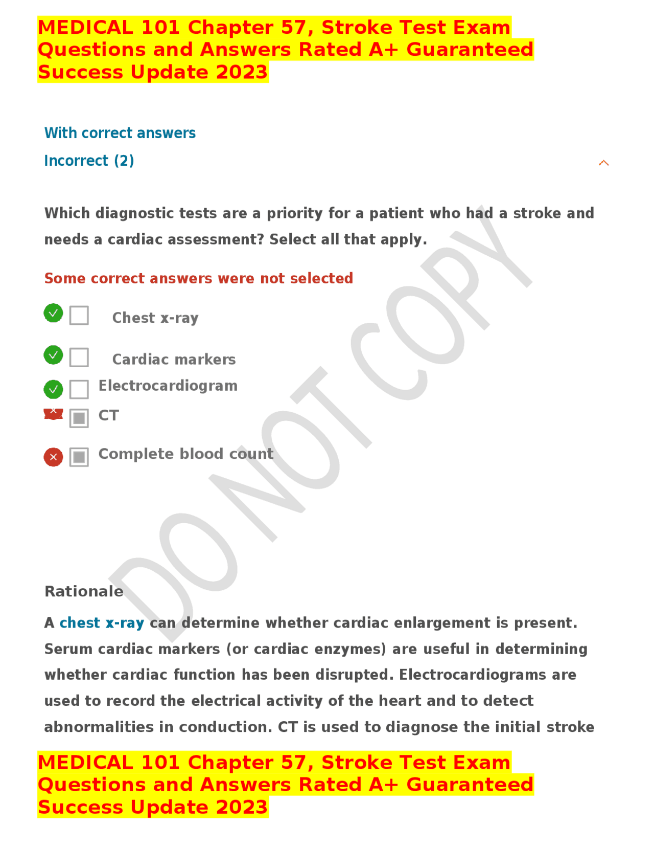 Medical 101 Chapter 57: Stroke Test Exam Questions and Answers | Exams ...