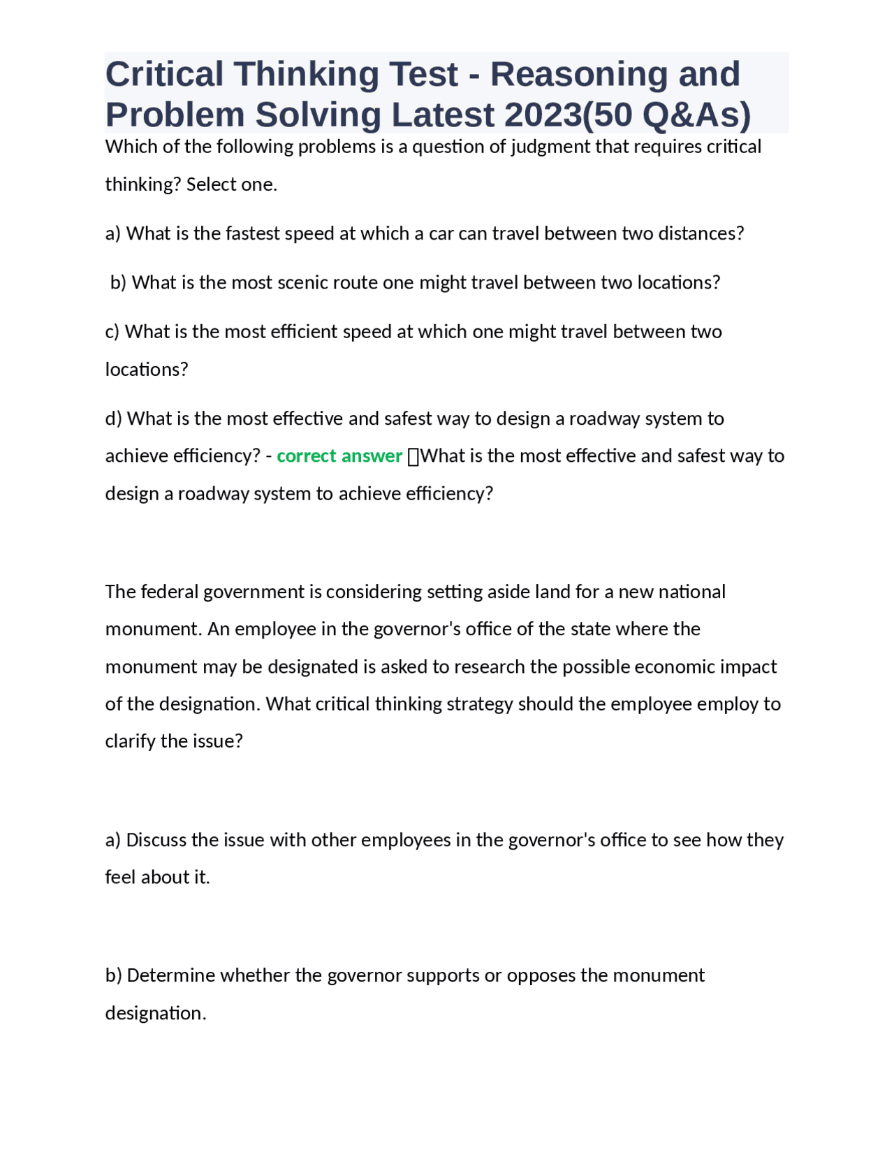 Critical Thinking Test Reasoning And Problem Solving Latest 202350 Q