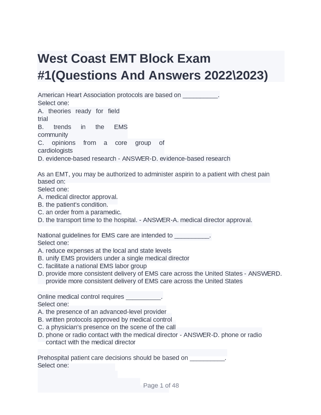 West Coast EMT Block Exam #1(Questions And Answers 2022\2023) | Exams ...