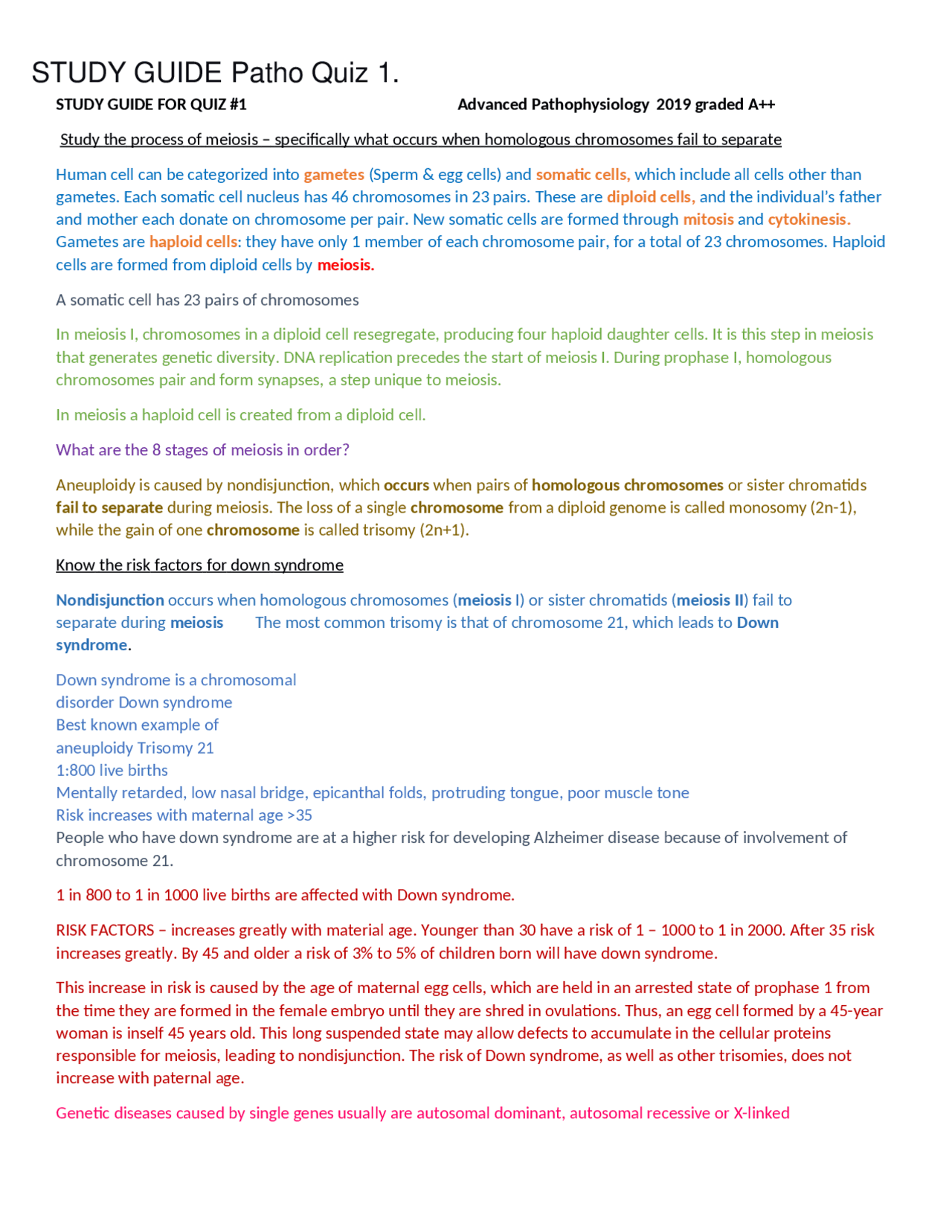 STUDY GUIDE Patho Quiz 1. | Exams Nursing | Docsity