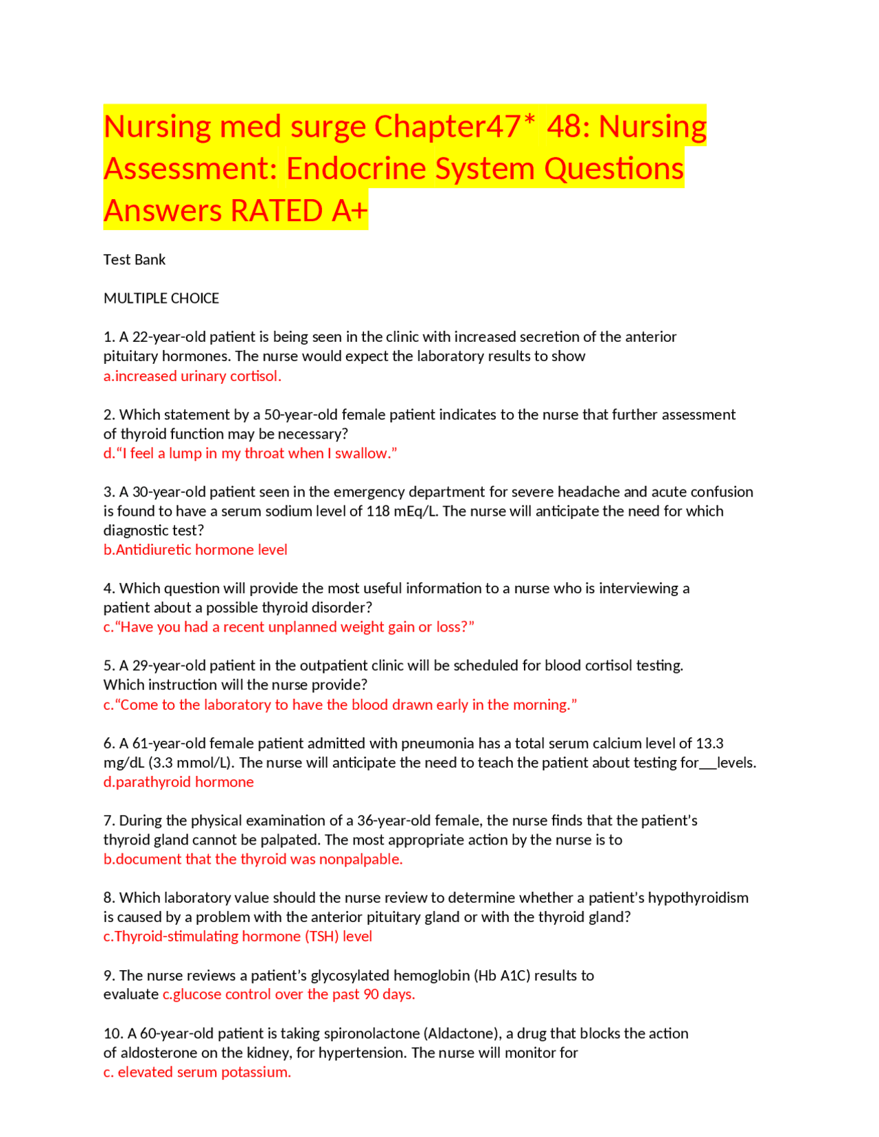 Nursing Assessment: Endocrine System Questions and Answers | Exams ...