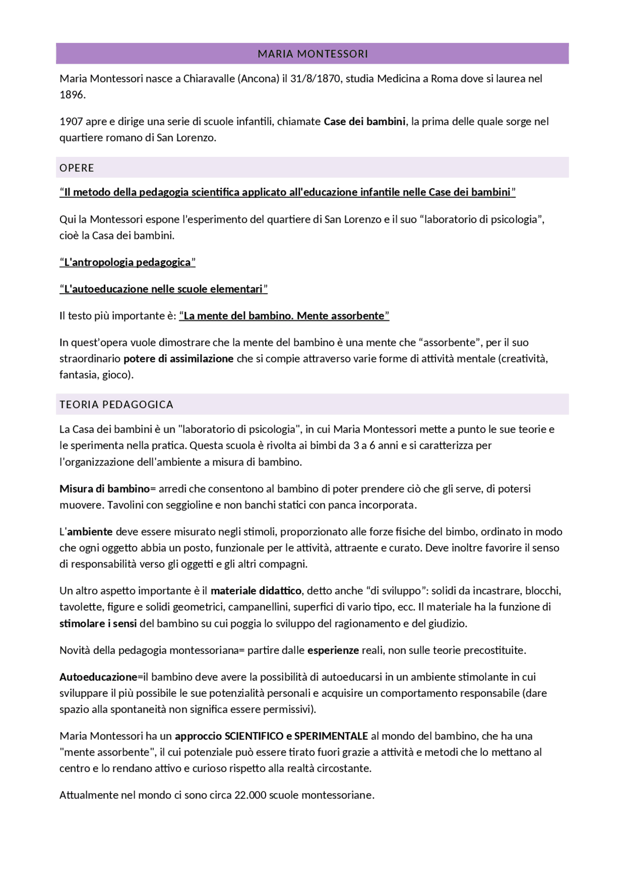 Riassunto Su Maria Montessori Appunti Di Scienze Umane Docsity
