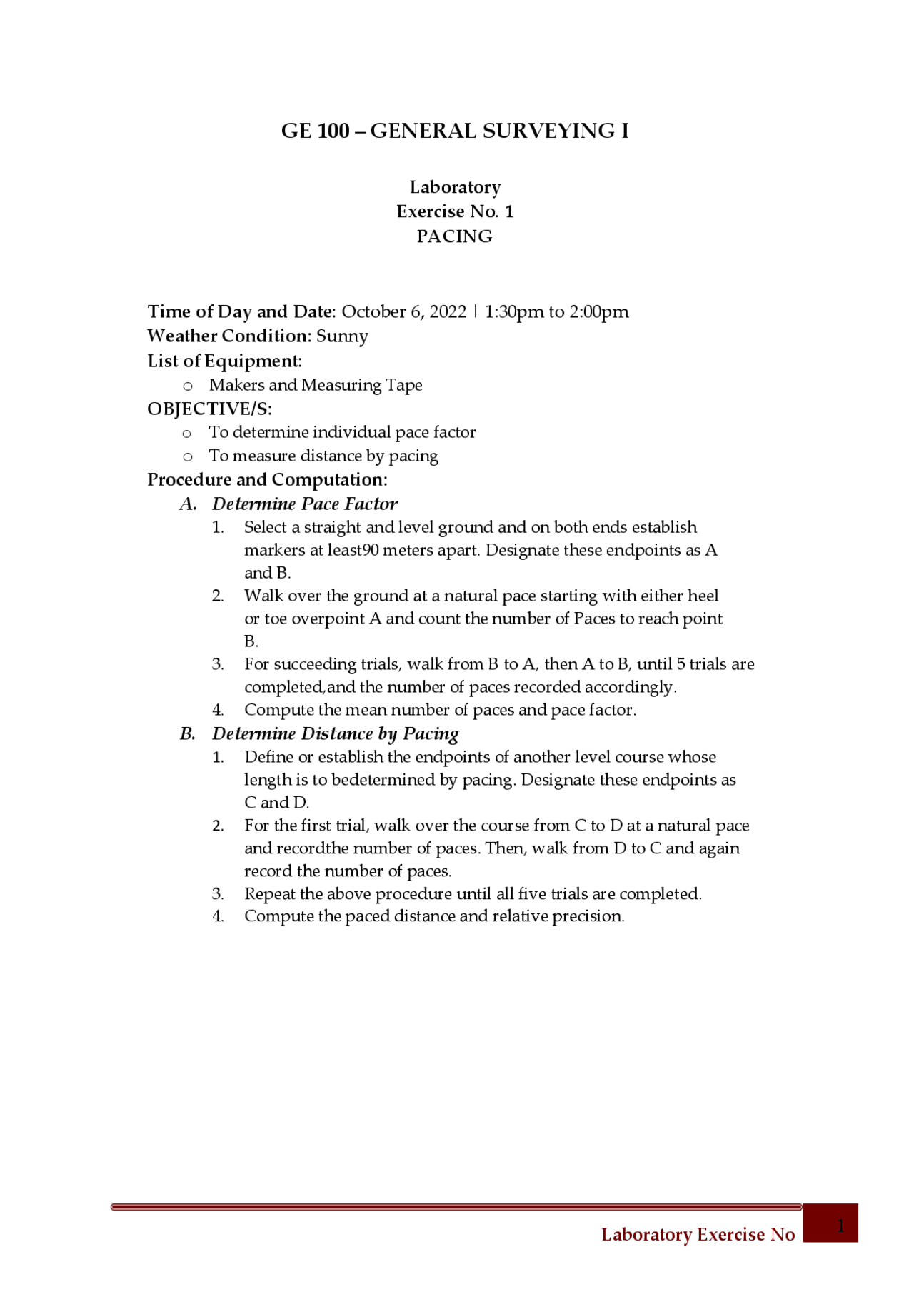 GE 100 GENERAL SURVEYING PACING LABORATORY | Lab Reports Engineering ...