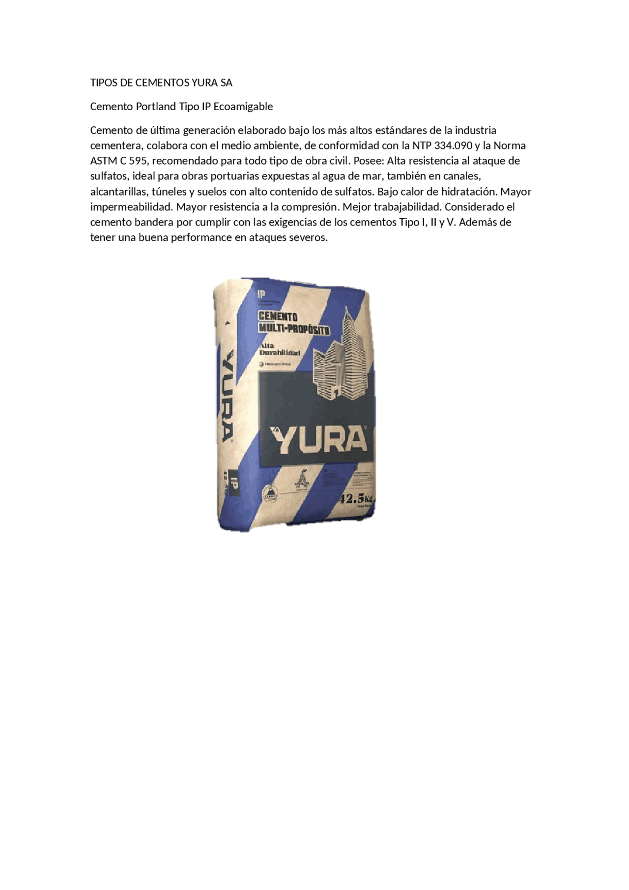 TIPOS DE CEMENTO YURA | Diapositivas de Procedimientos de Construccion | Docsity