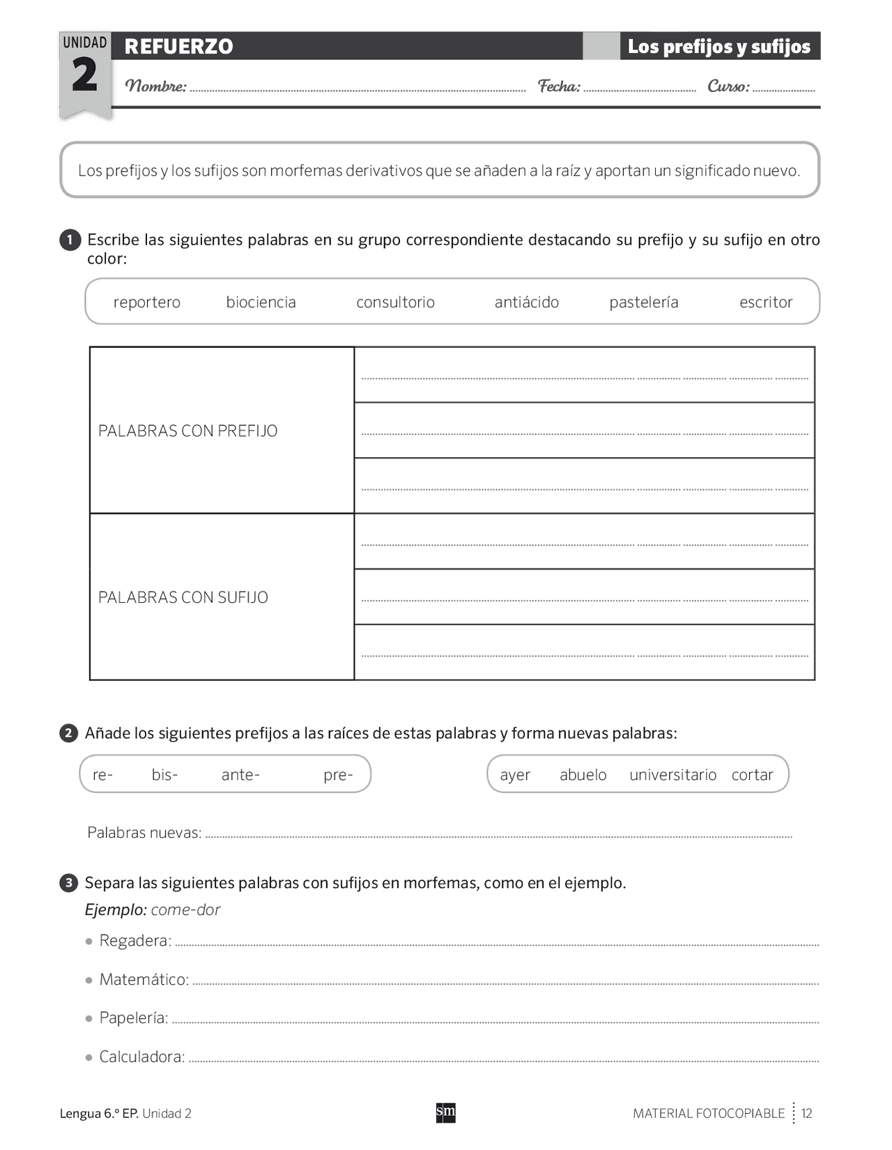 Ejercicios de prefijos y sufijos 6 de primaria | Esercizi di Spagnolo ...