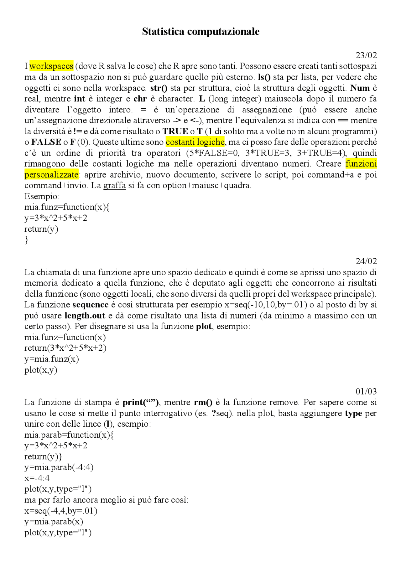 Appunti Statistica Computazionale | Appunti di Statistica | Docsity