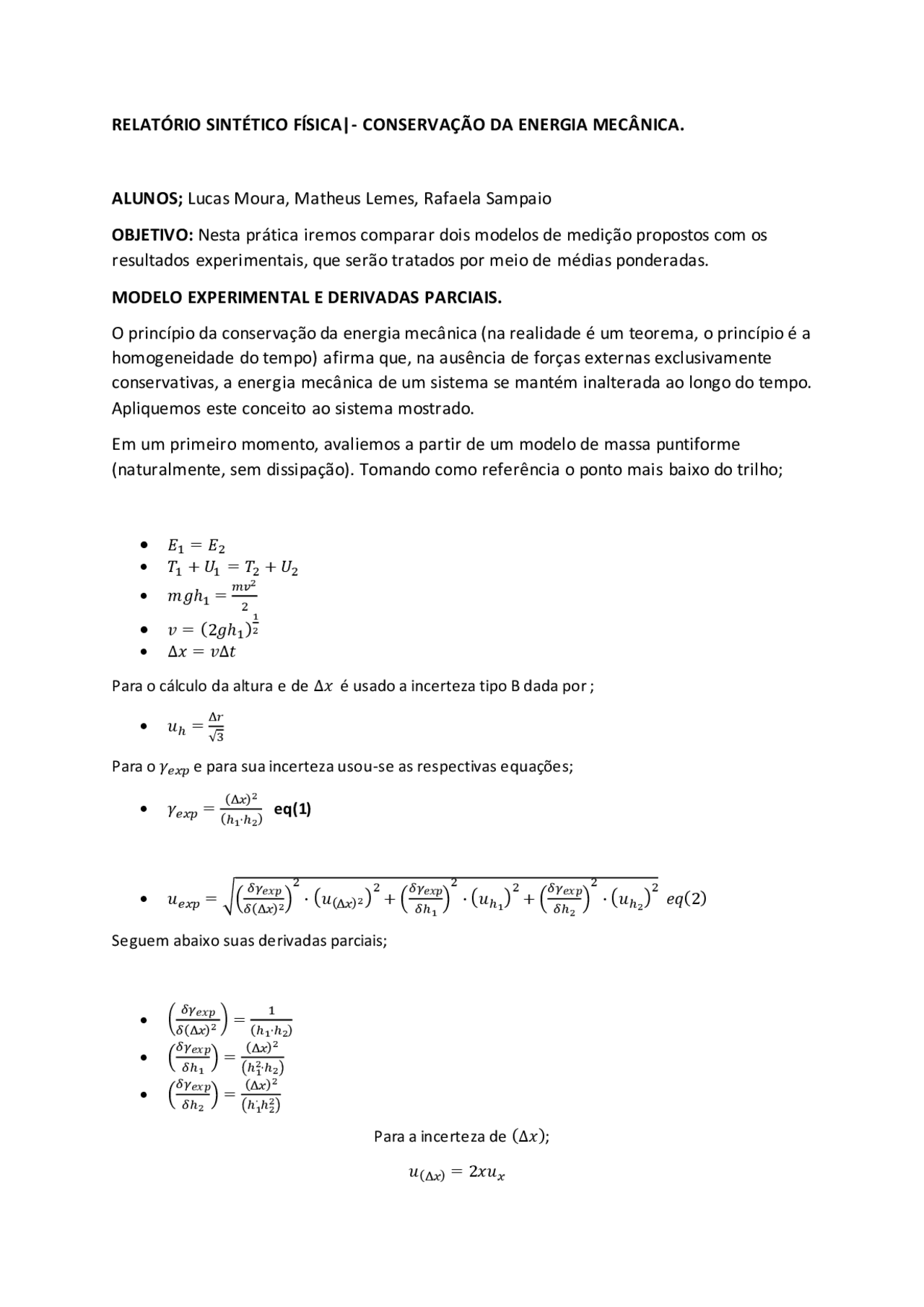 Relatório Física Experimental 1 Trabalhos Física Experimental Docsity