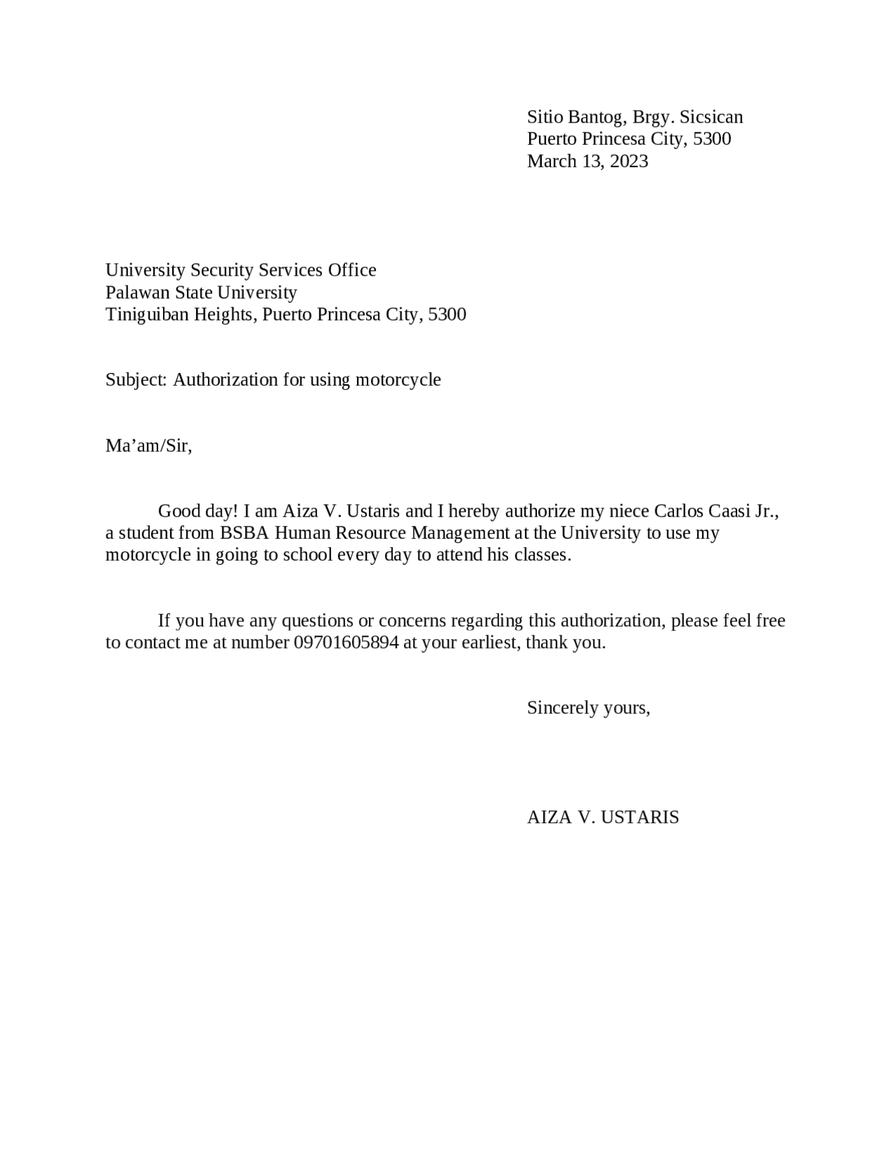 Authorization for Using Motorcycle | Assignments Literature | Docsity