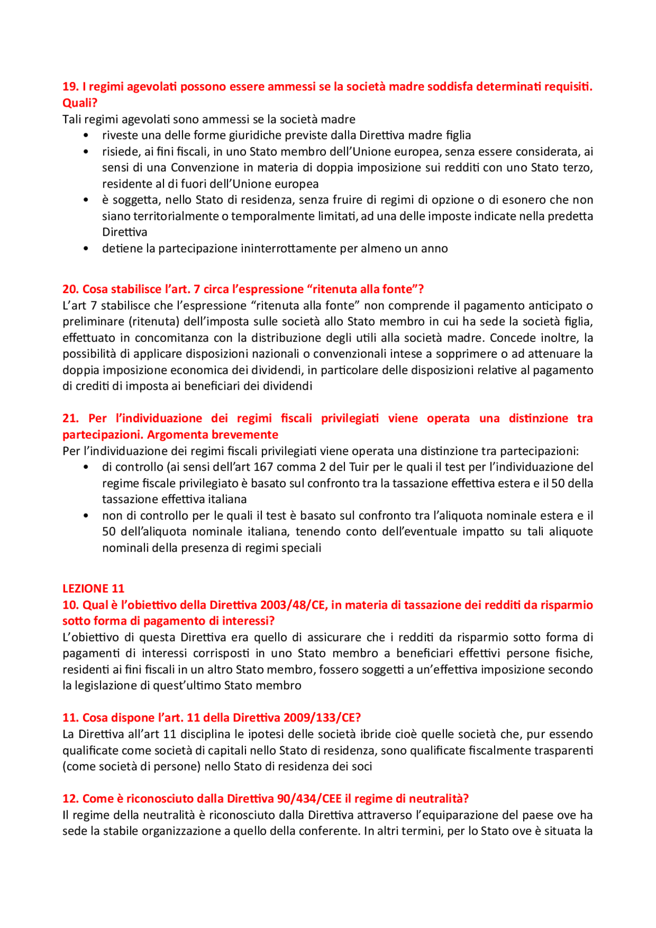 DIRITTO TRIBUTARIO DELL'UNIONE EUROPEA DOMANDE APERTE | Panieri di Diritto Tributario | Docsity