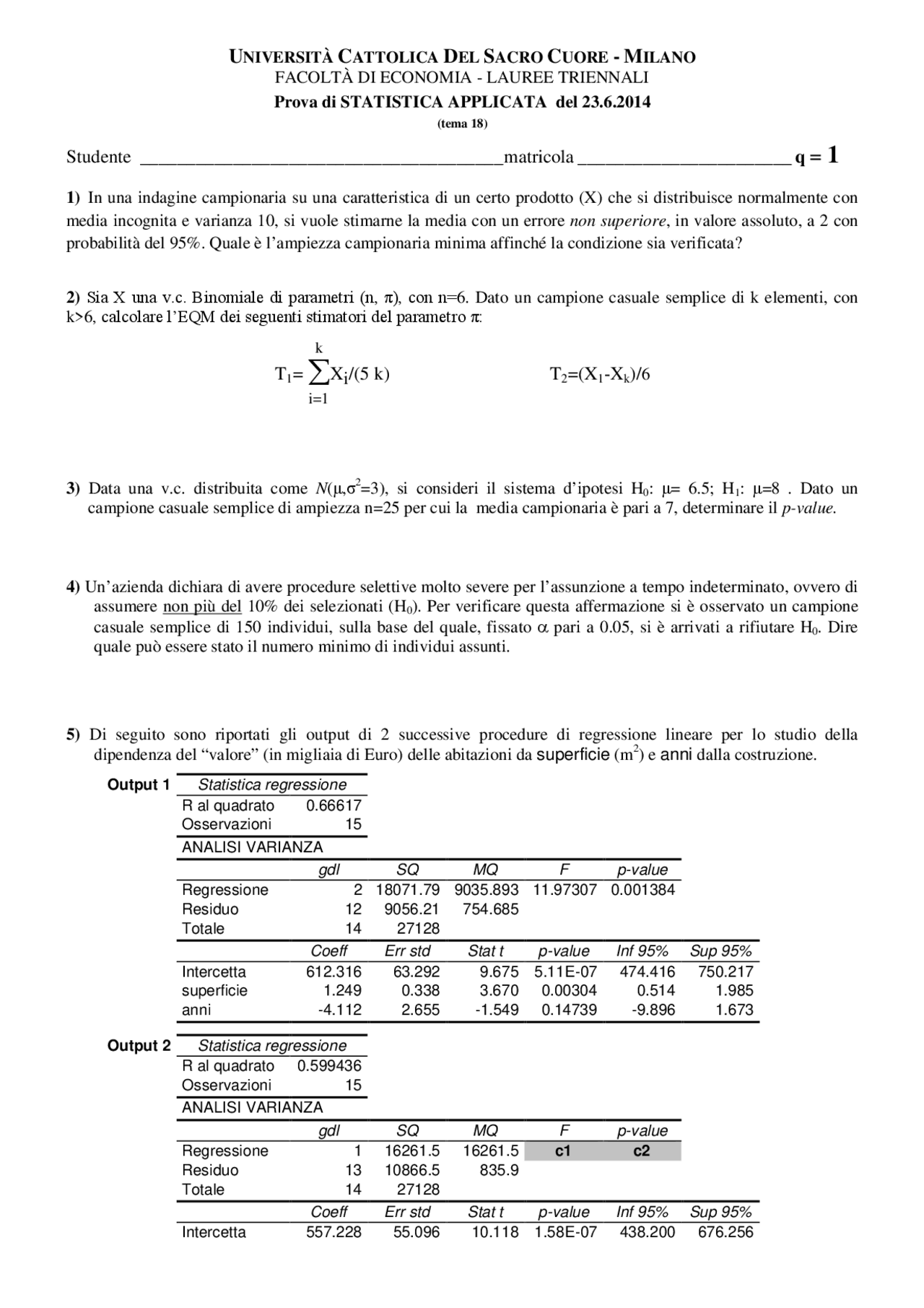 Temi d'esame per esercitarsi | Prove d'esame di Statistica Applicata | Docsity