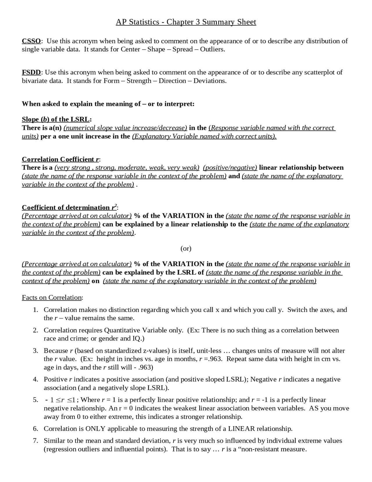 AP statistics Chapter 3 summary | Summaries Mathematics | Docsity