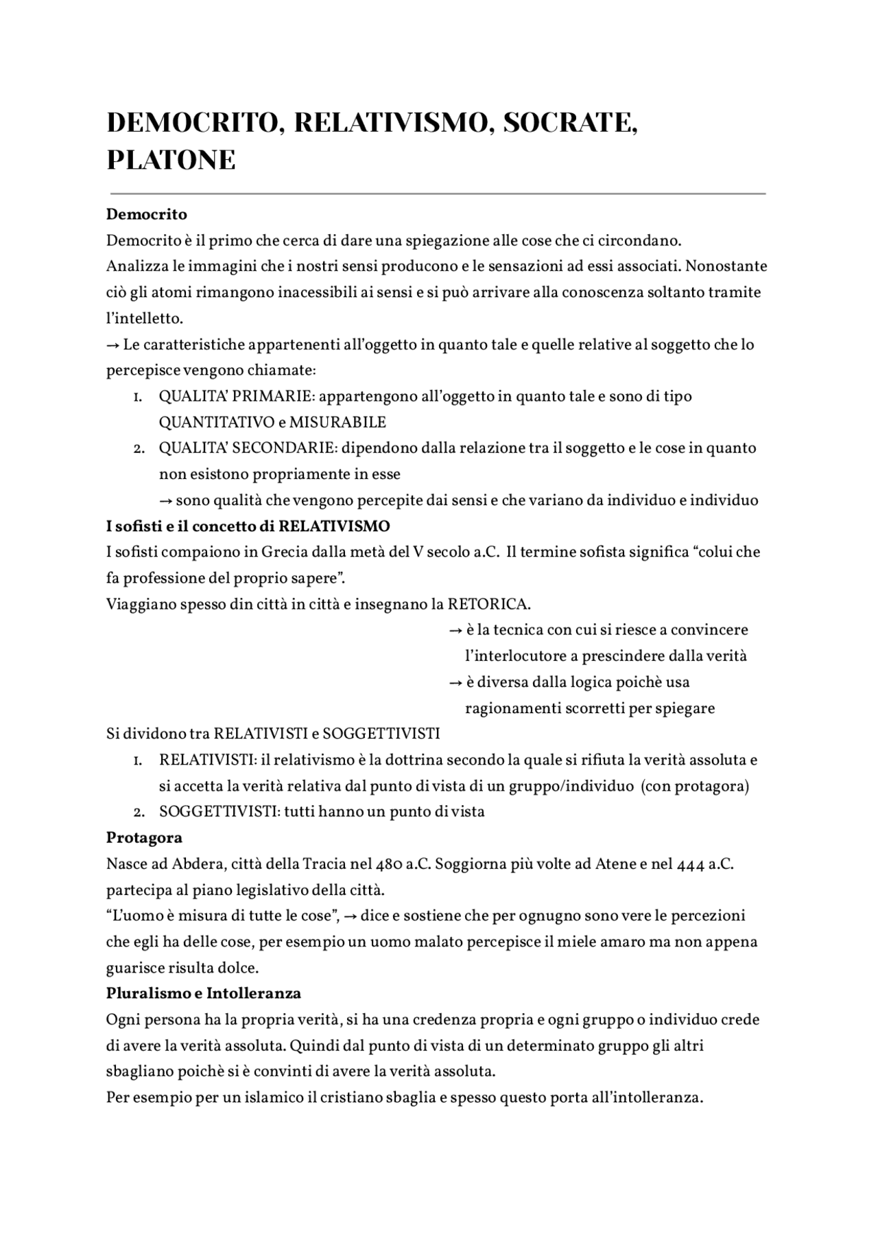 Socrate, Platone, democrito | Appunti di Filosofia | Docsity