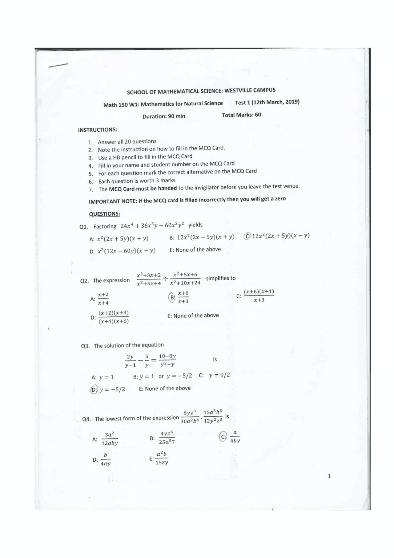 2019 math150 past paper | Exams Mathematics | Docsity