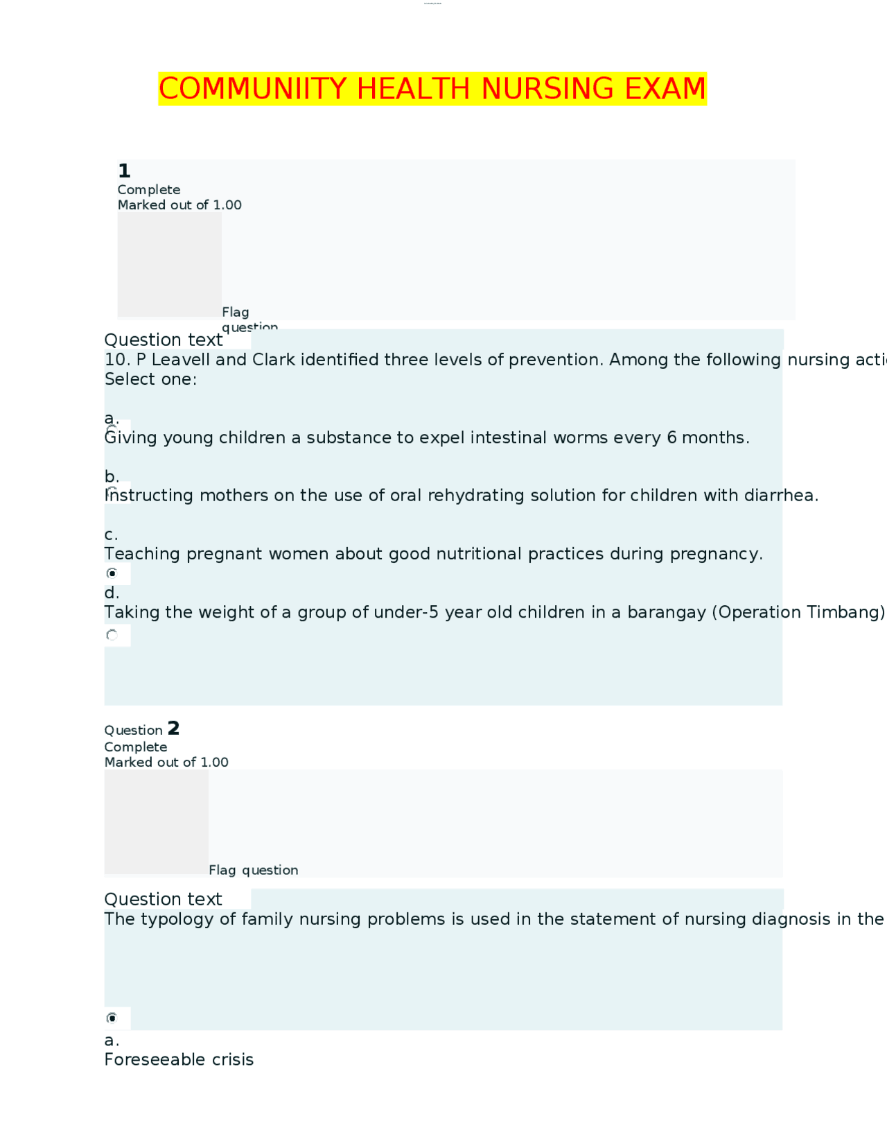 Community Health Nursing Exam Questions and Answers | Exams Nursing ...