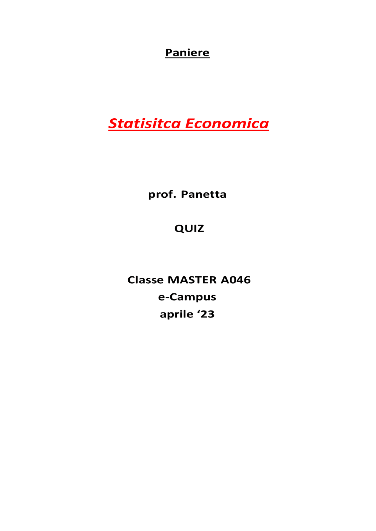 Paniere Statistica Economica prof. Panetta classe master A46 | Panieri di Statistica Economica ...