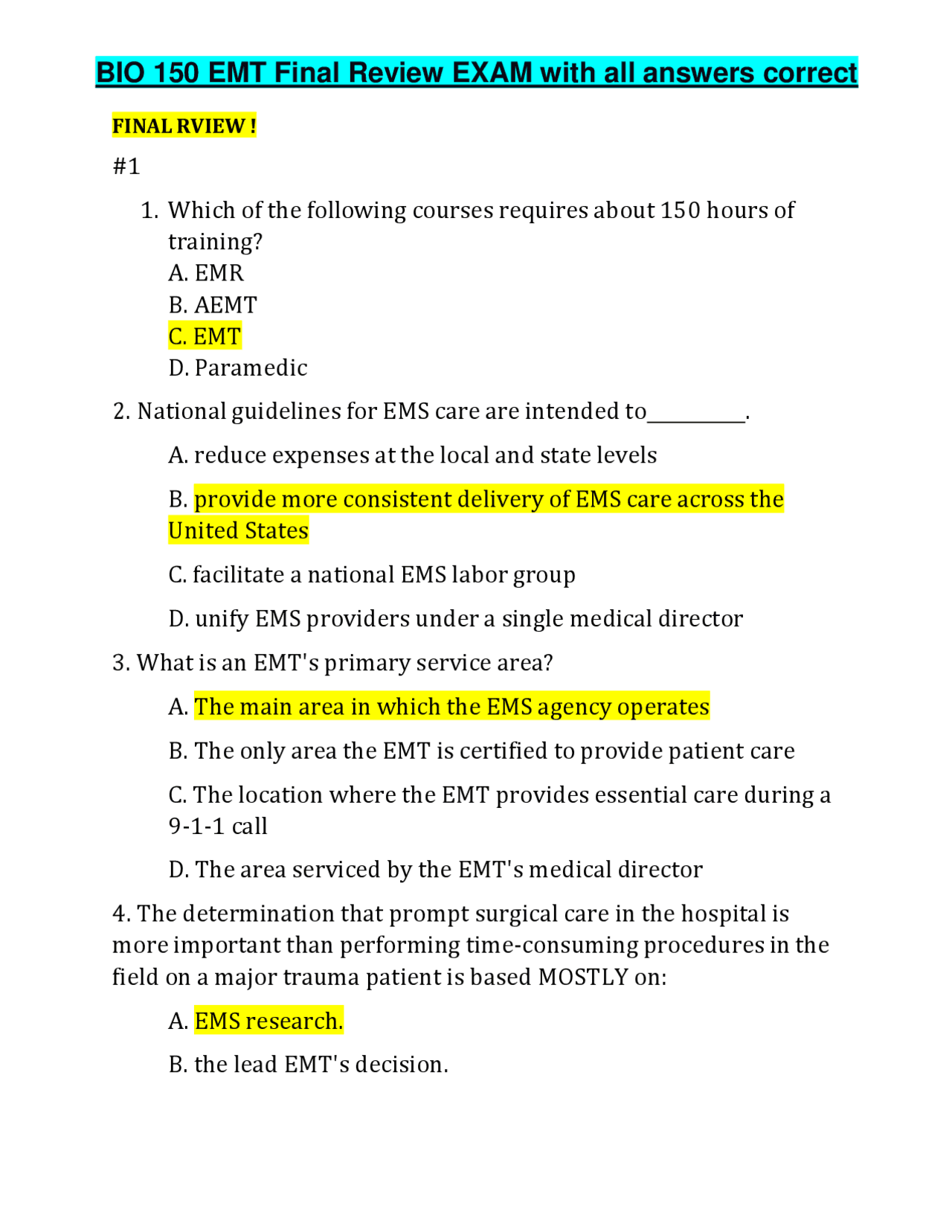 BIO 150 EMT Final Review EXAM with all answers correct,Reviewed ...