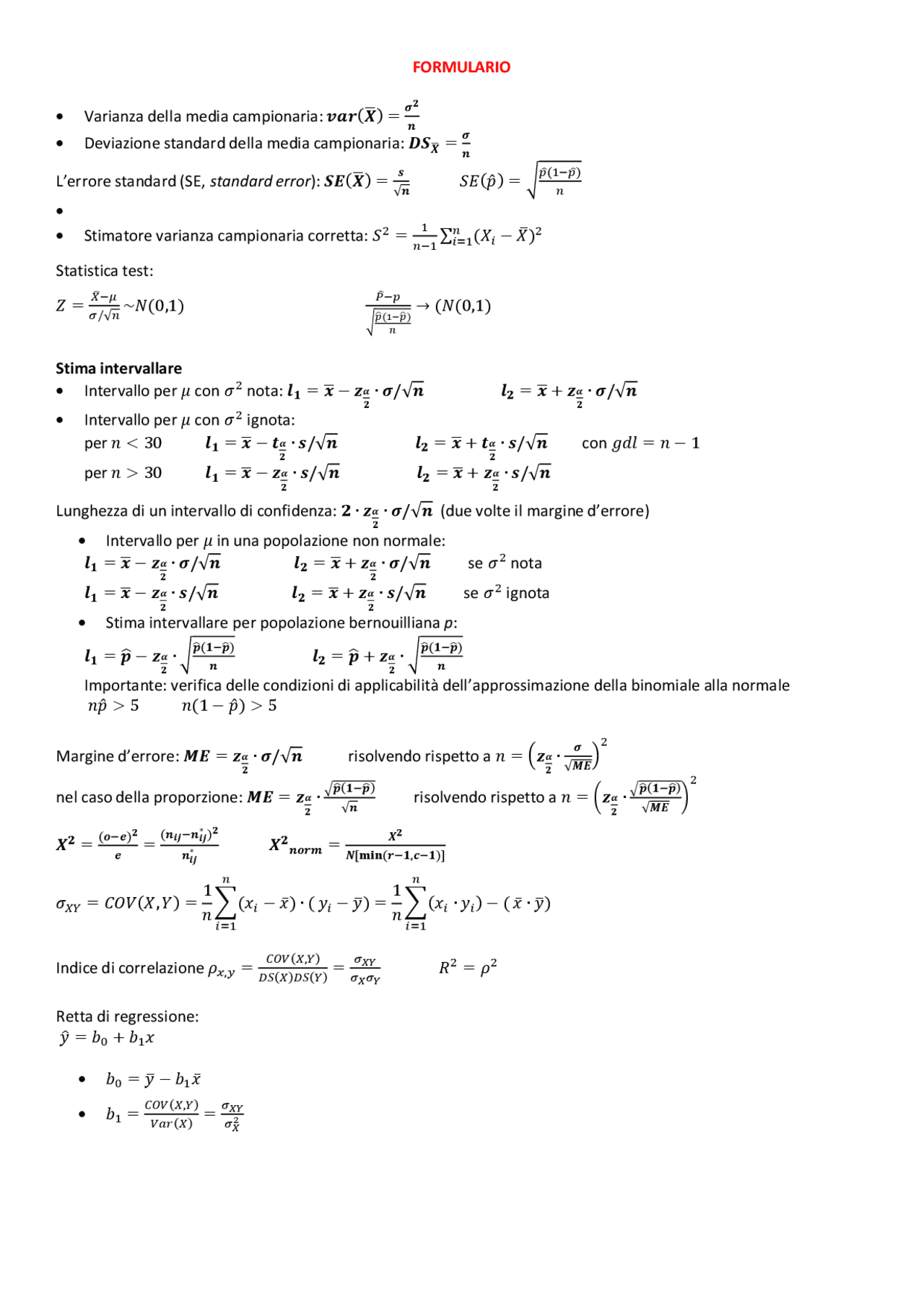 Formulario per esame statistica | Schemi e mappe concettuali di Statistica | Docsity