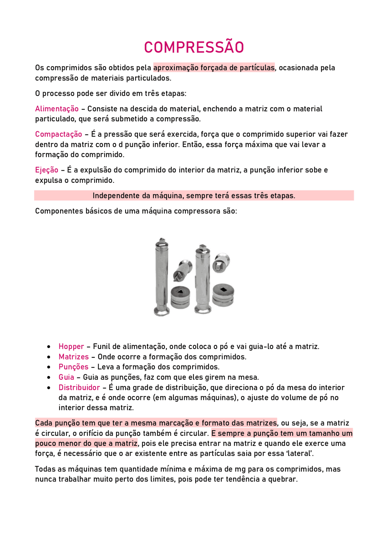 Resumo Compressão de comprimidos | Notas de aula Farmácia | Docsity