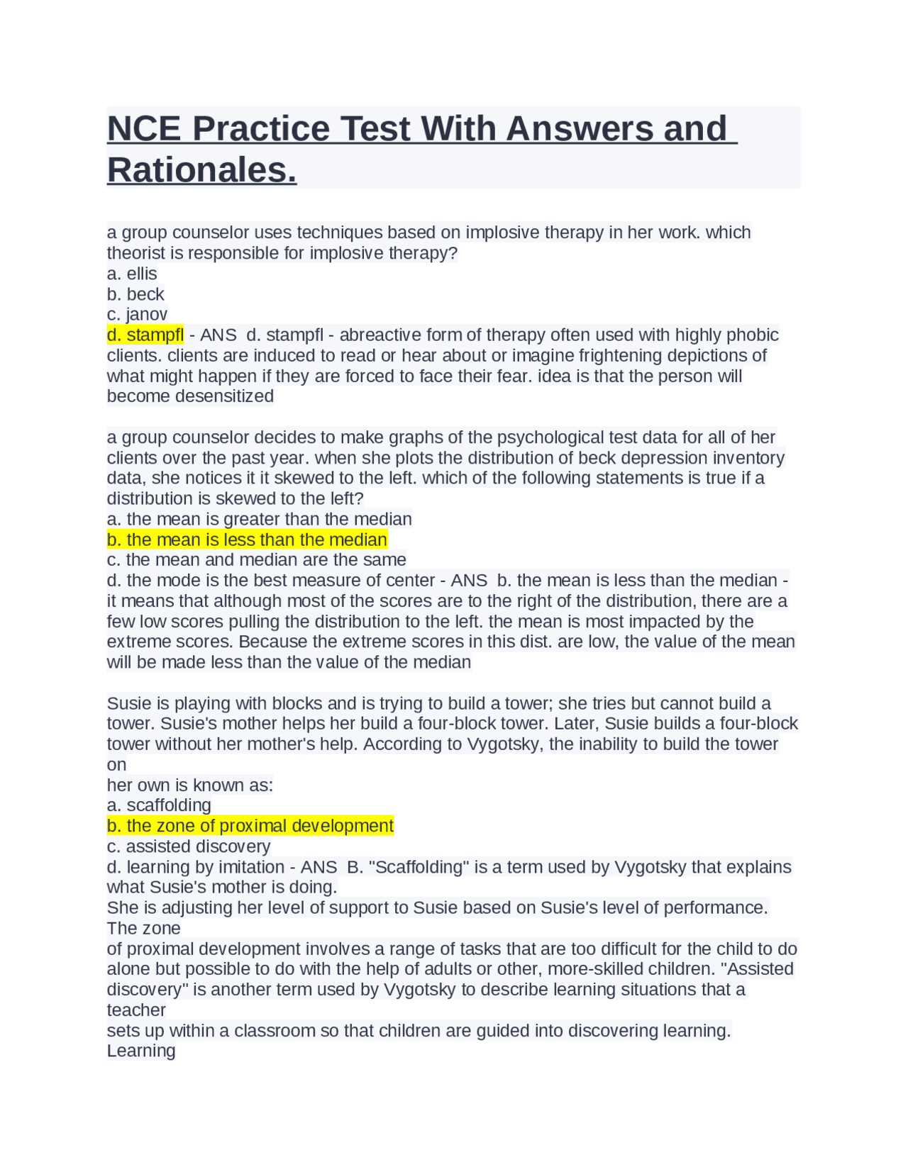 NCE Practice Test With Answers and Rationales. | Exams Psychology | Docsity