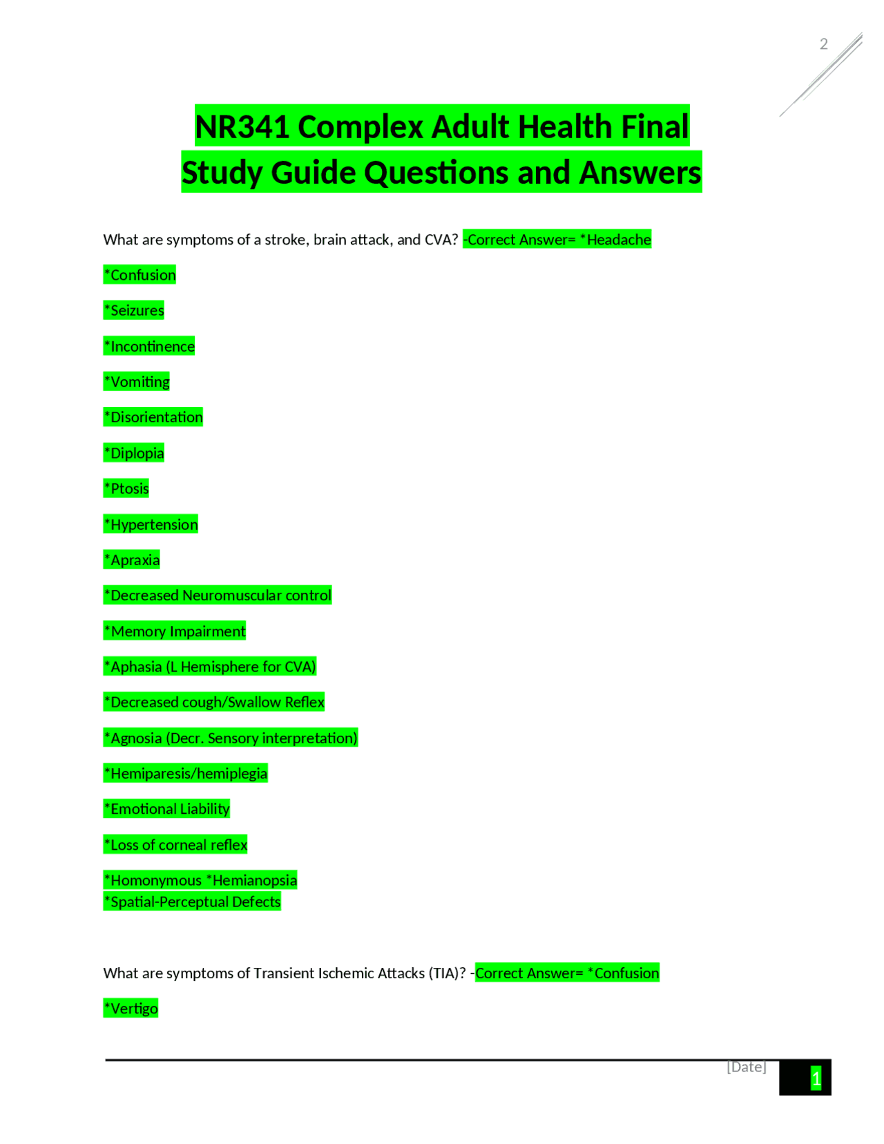 NR341 Complex Adult Health Final Study Guide Questions and Answers ...