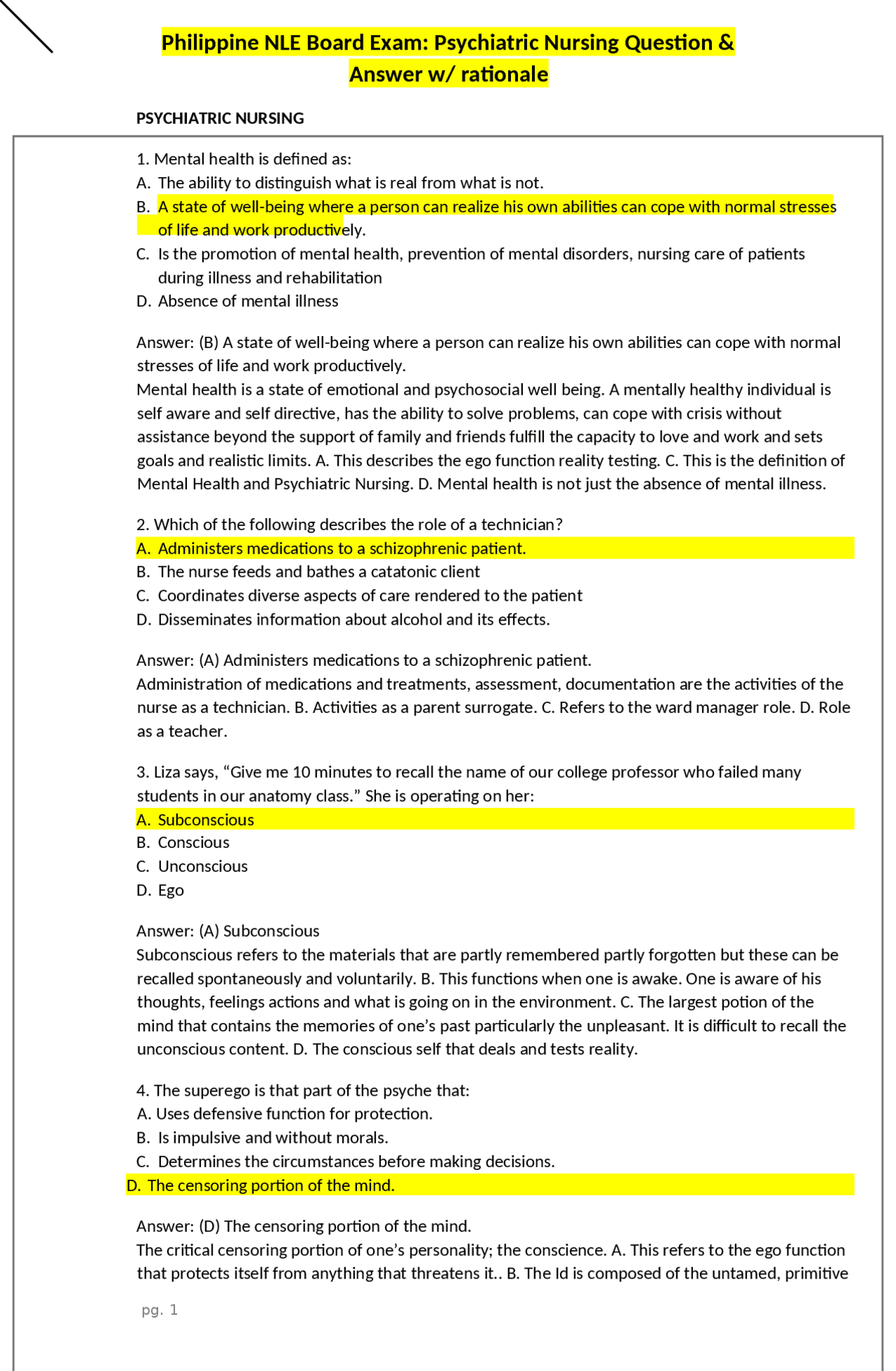 Philippine NLE Board Exam: Psychiatric Nursing Question & Answer w ...