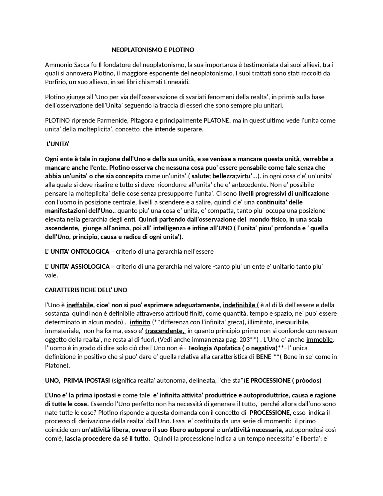 PLOTINO IL PENSIERO RIASSUNTO | Schemi e mappe concettuali di Filosofia | Docsity