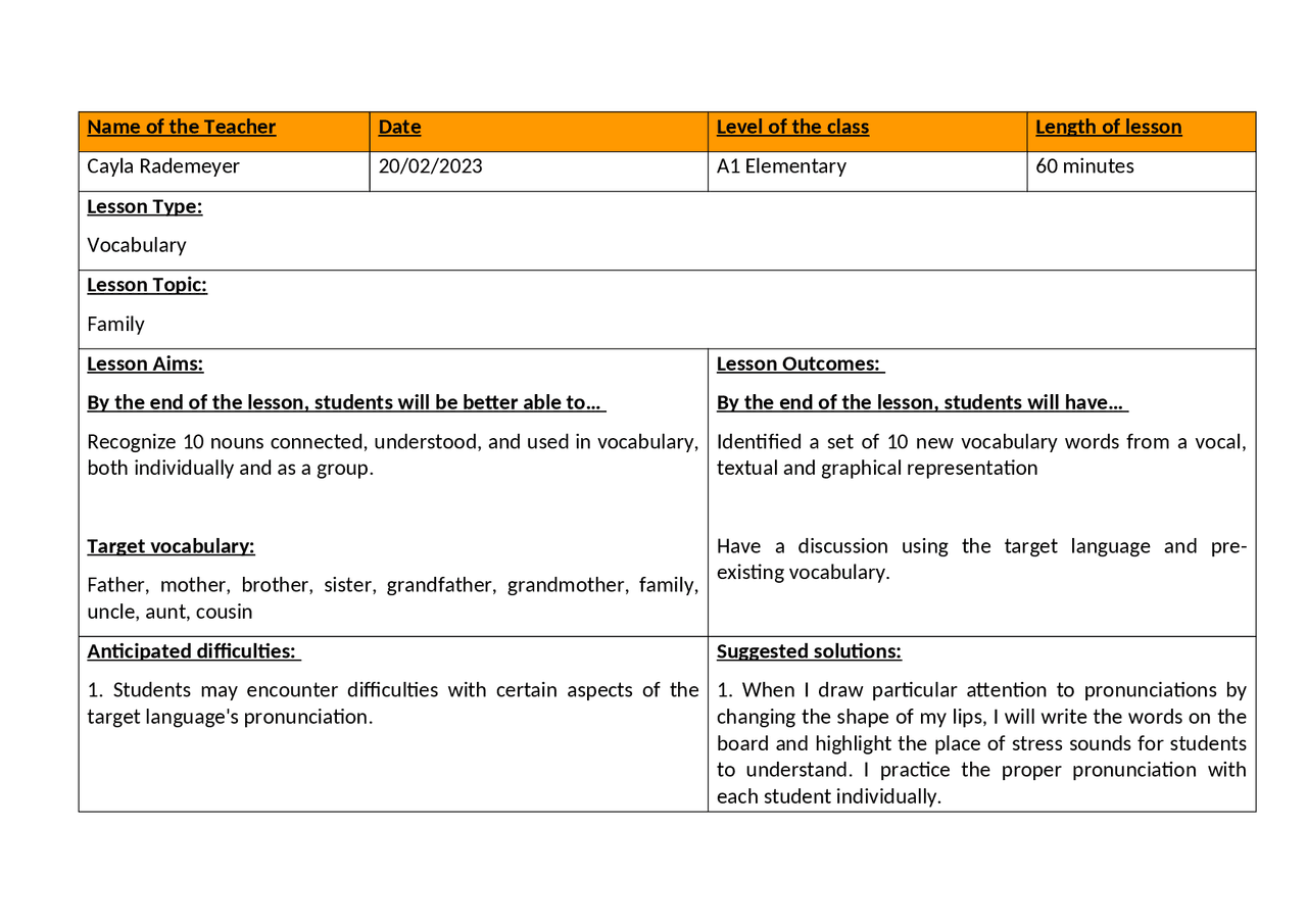 Vocabulary lesson plan | Study Guides, Projects, Research English | Docsity