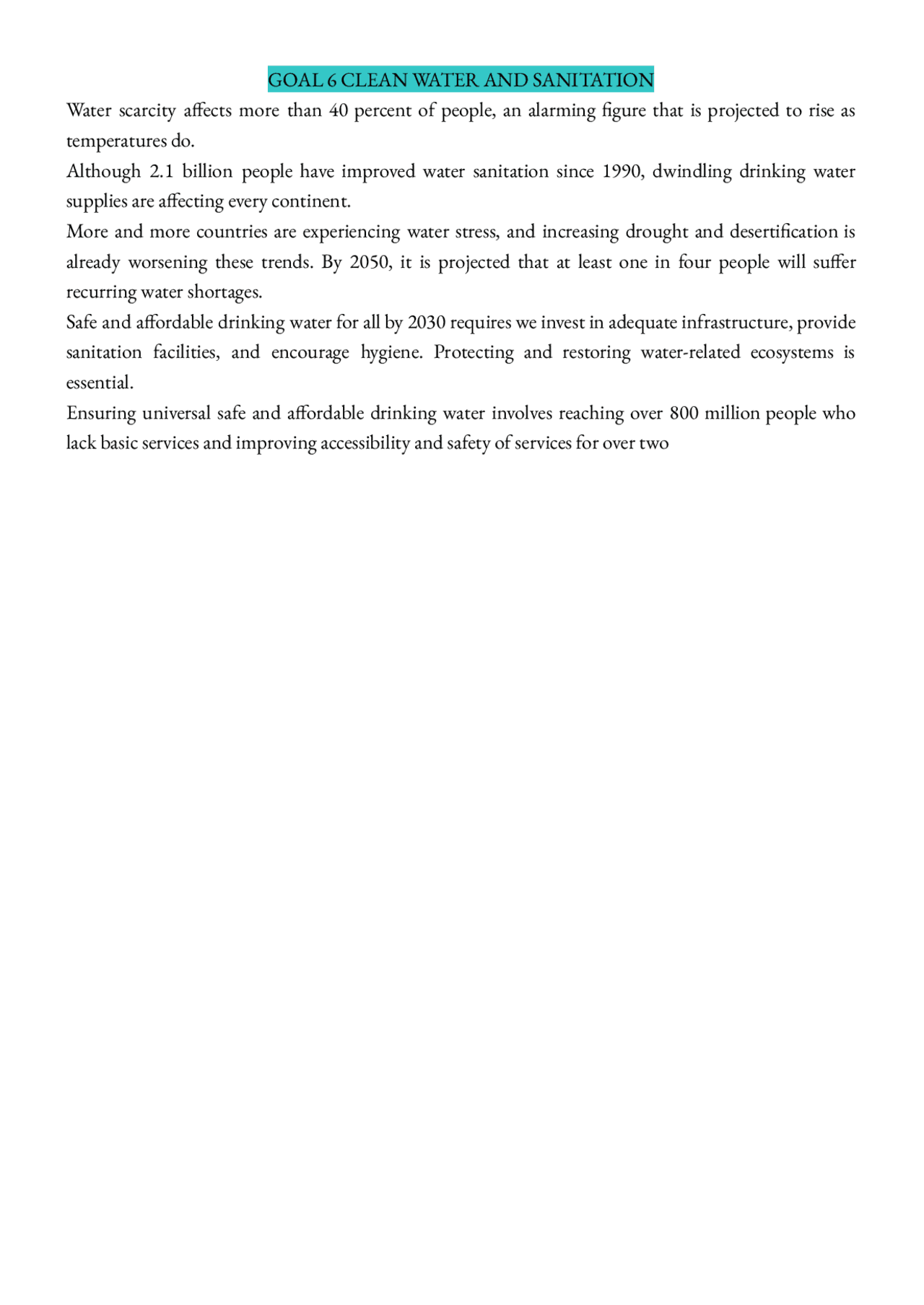GOAL 6: clean water and sanitation | Study notes of English | Docsity