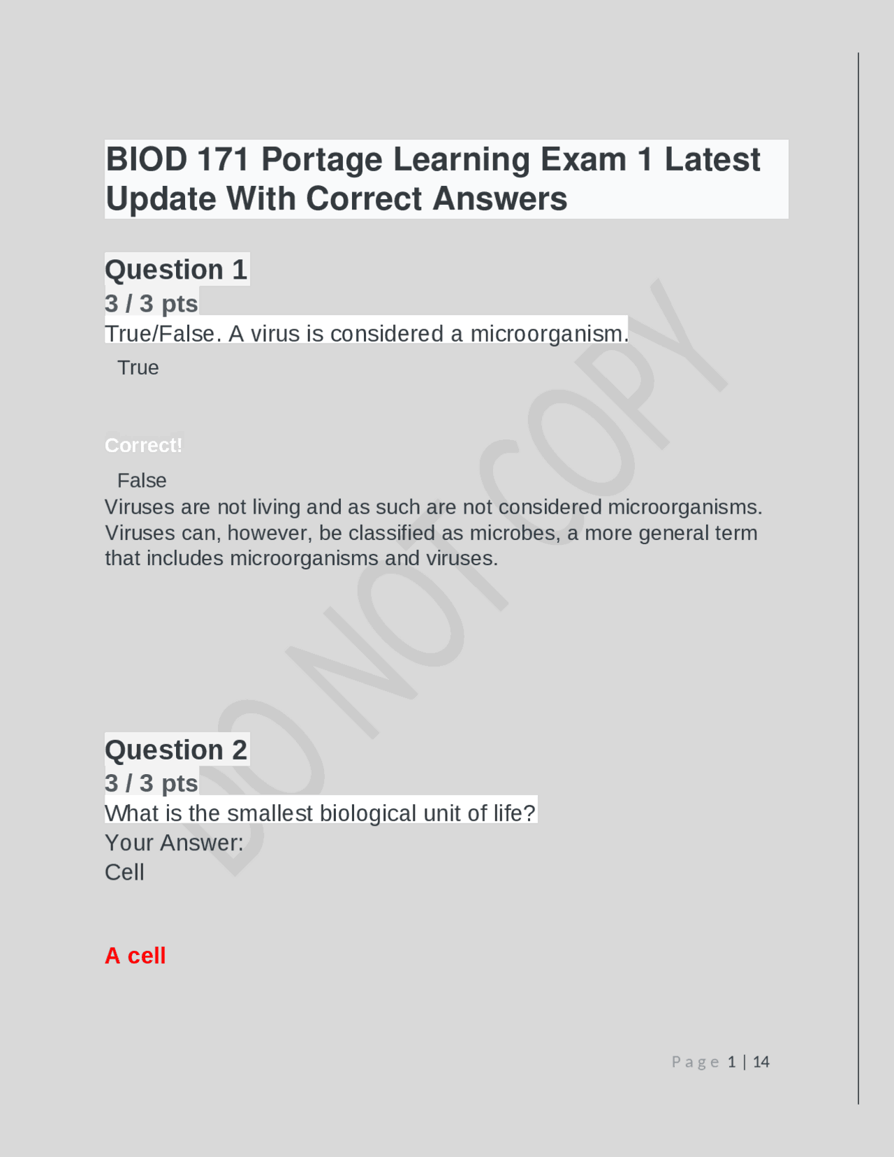 BIOD 171 Portage Learning Exam 1 Latest Update With Correct Answers ...