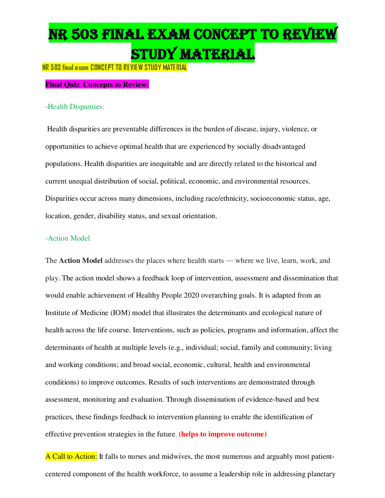 NR 503 Final Exam Concepts to Review Study Material | Exams Nursing ...