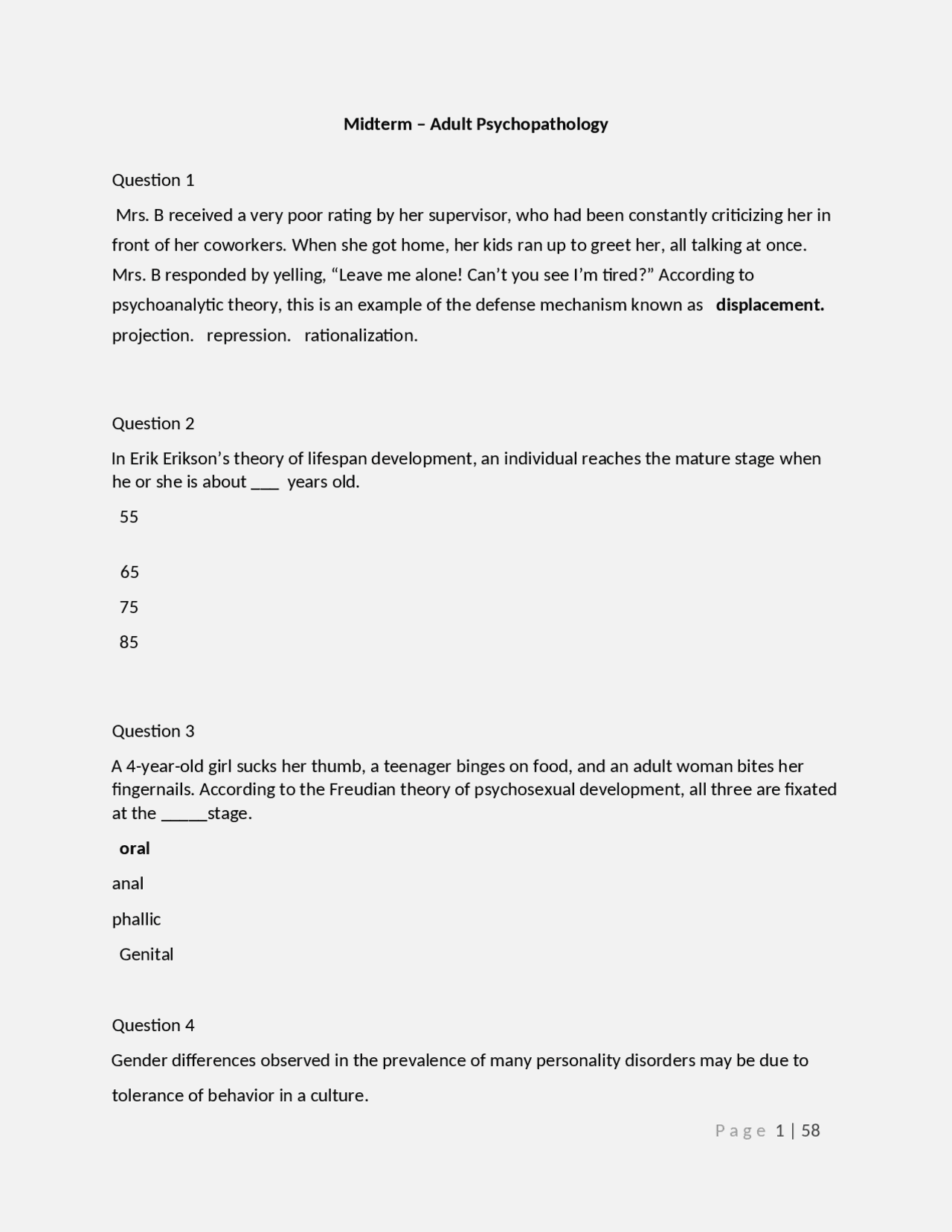 Midterm - Adult Psychopathology-2. | Exams Psychology | Docsity