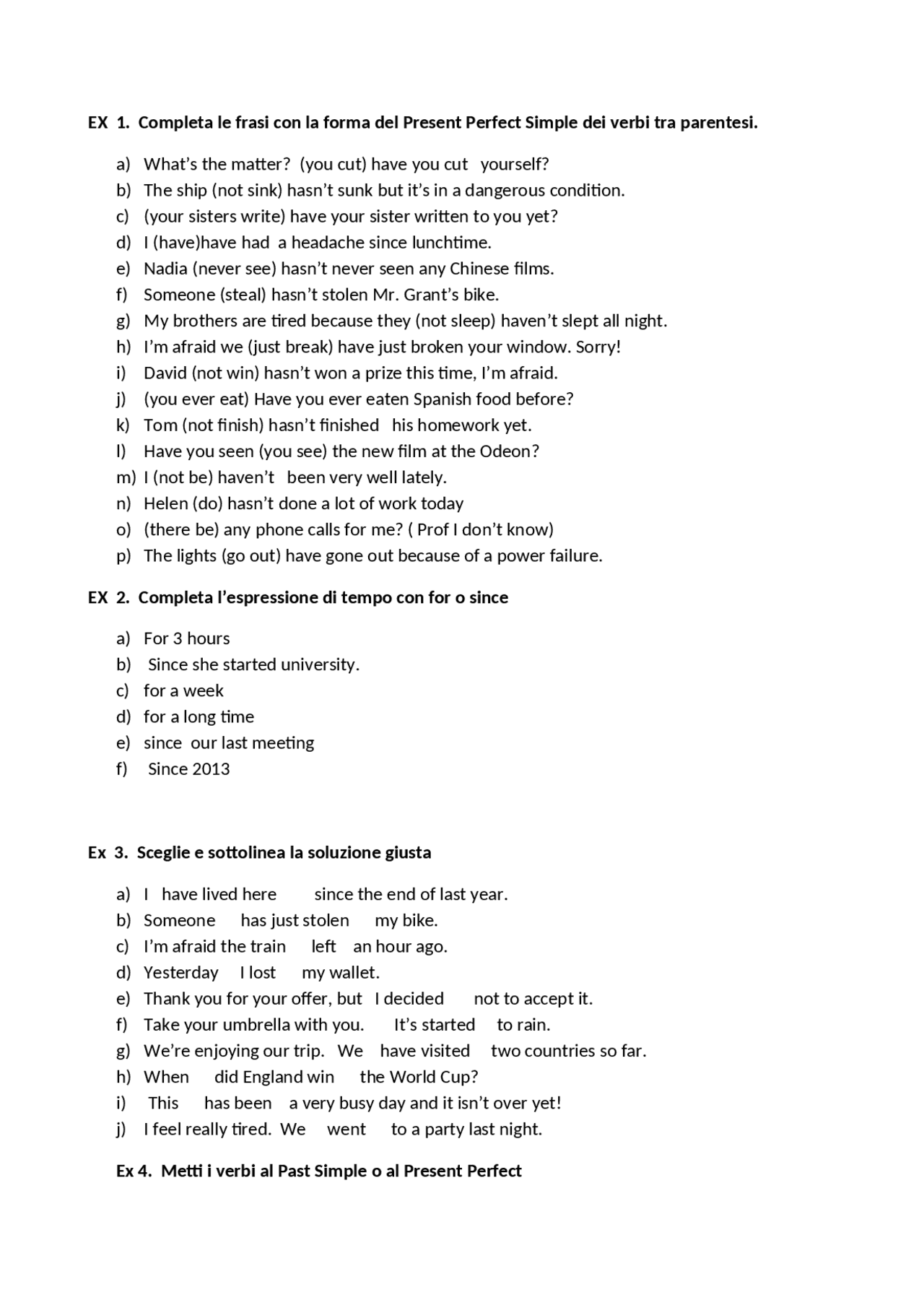 Esercizi sul present perfect | Ejercicios de Filología Inglesa | Docsity