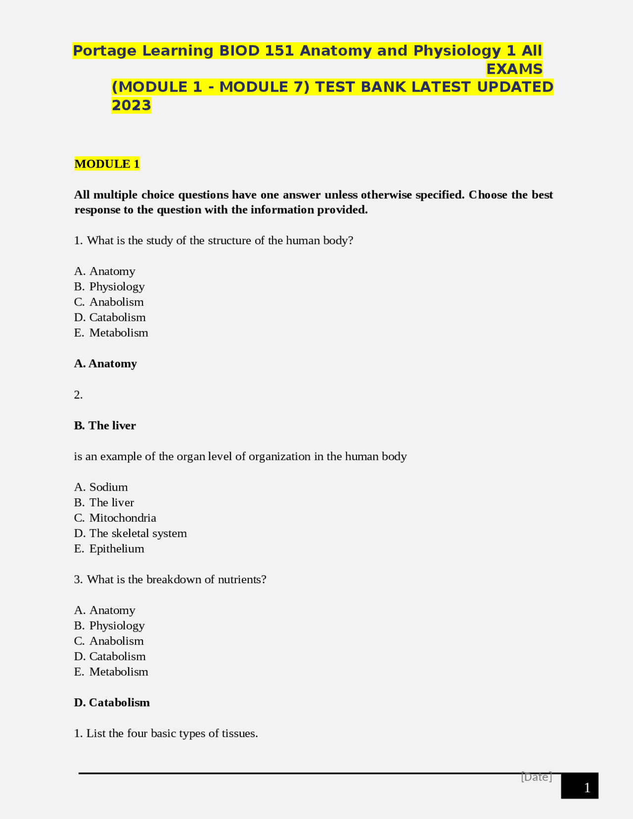Portage Learning BIOD 151 Anatomy and Physiology 1 All EXAMS (MODULE 1 ...