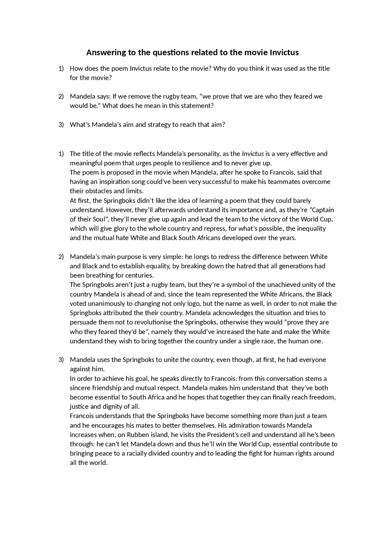 Analysis of the film invictus | Notes de Anglais | Docsity