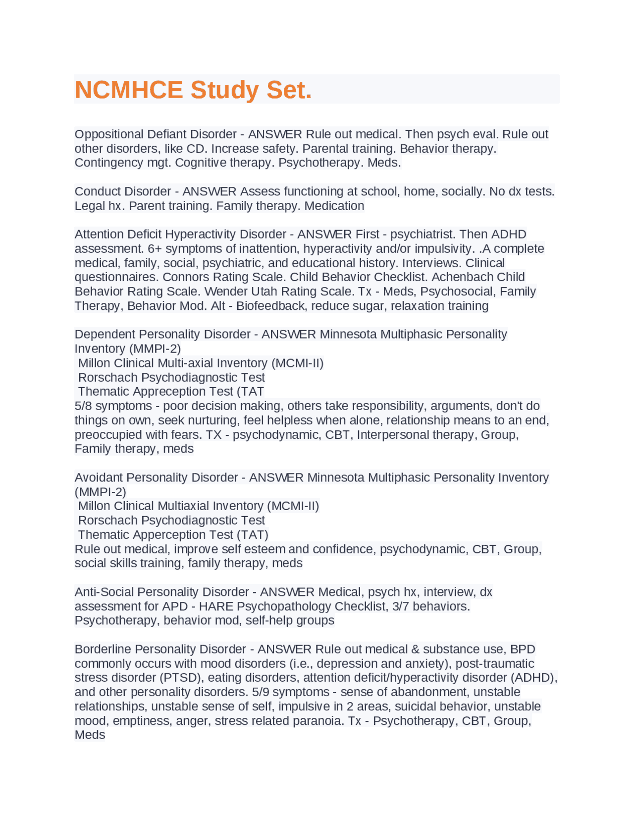 NCMHCE Study Set | Exams Psychology | Docsity