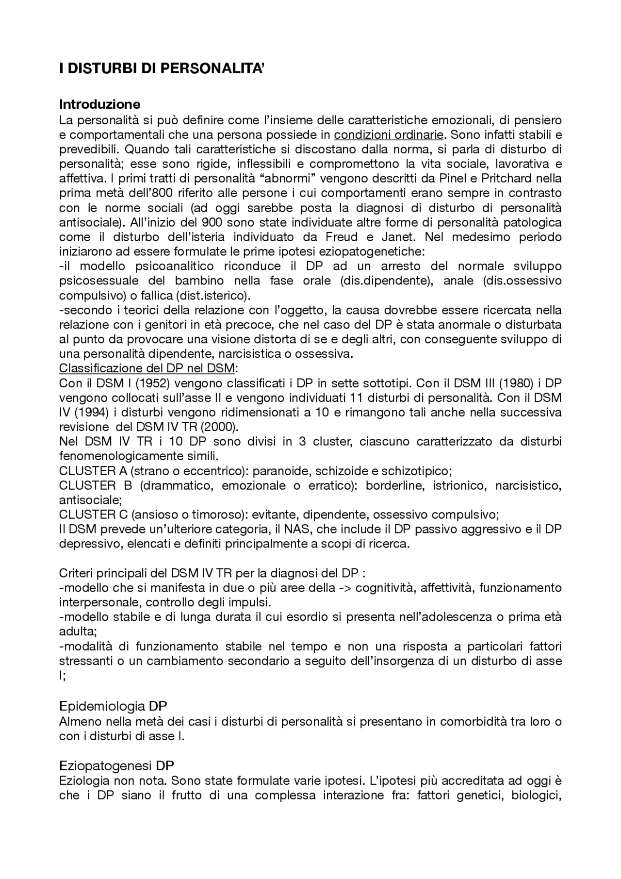 Disturbi Di Personalità Dispense Di Psichiatria Docsity