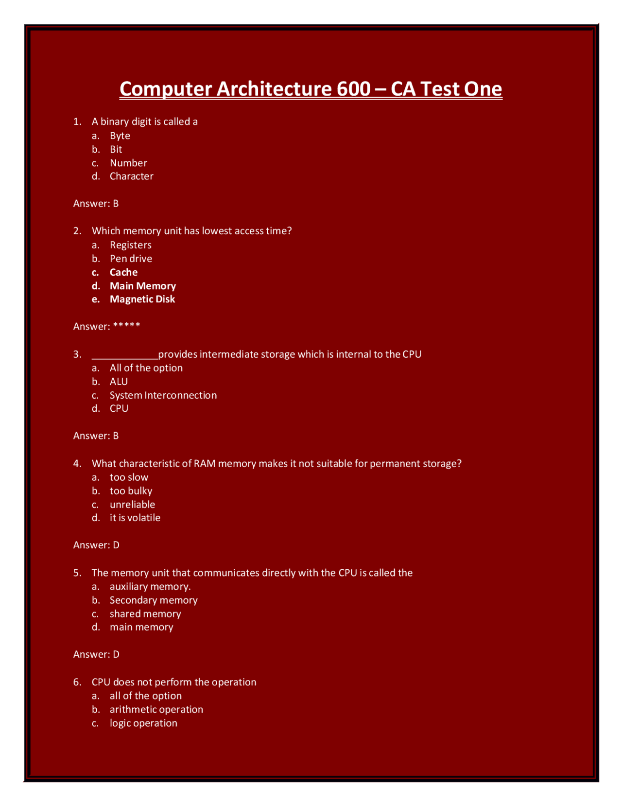Computer Architecture 600 - CA Test One WITH OVER 140 QUESTIONS&ANSWERS ...