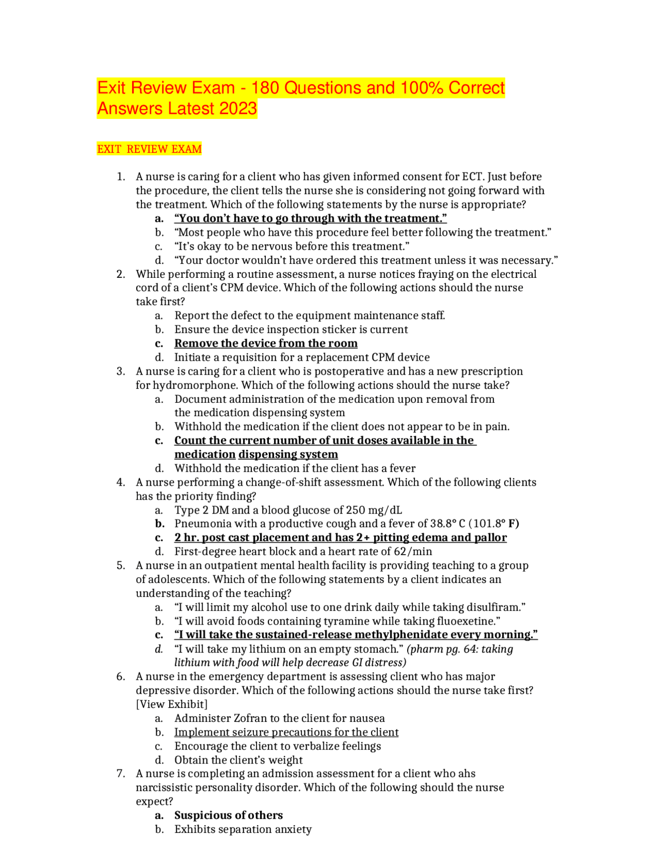 Exit Review Exam - 180 Questions and 100% Correct Answers Latest 2023/ ...