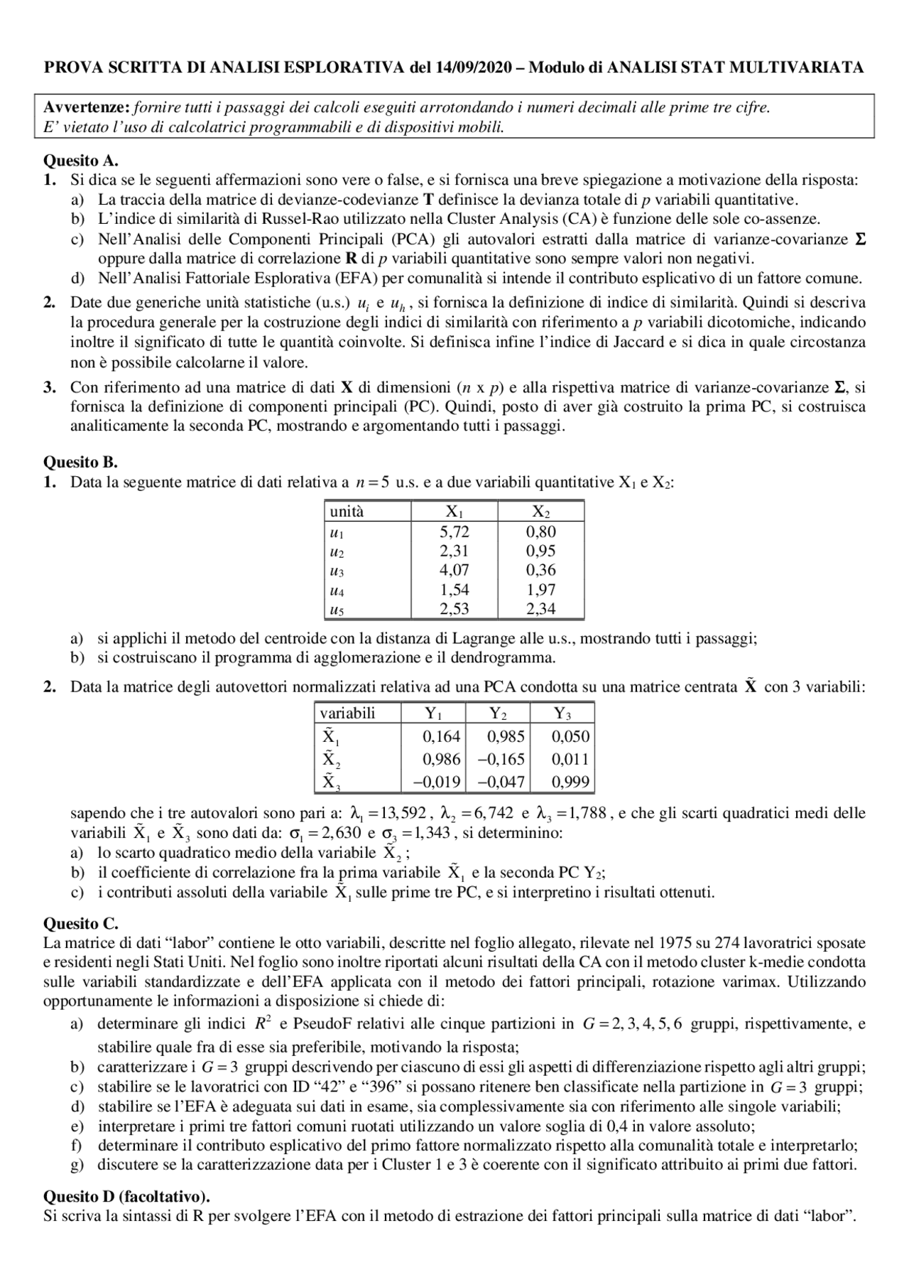 Prova d'esame con risultati | Prove d'esame di Statistica Applicata | Docsity