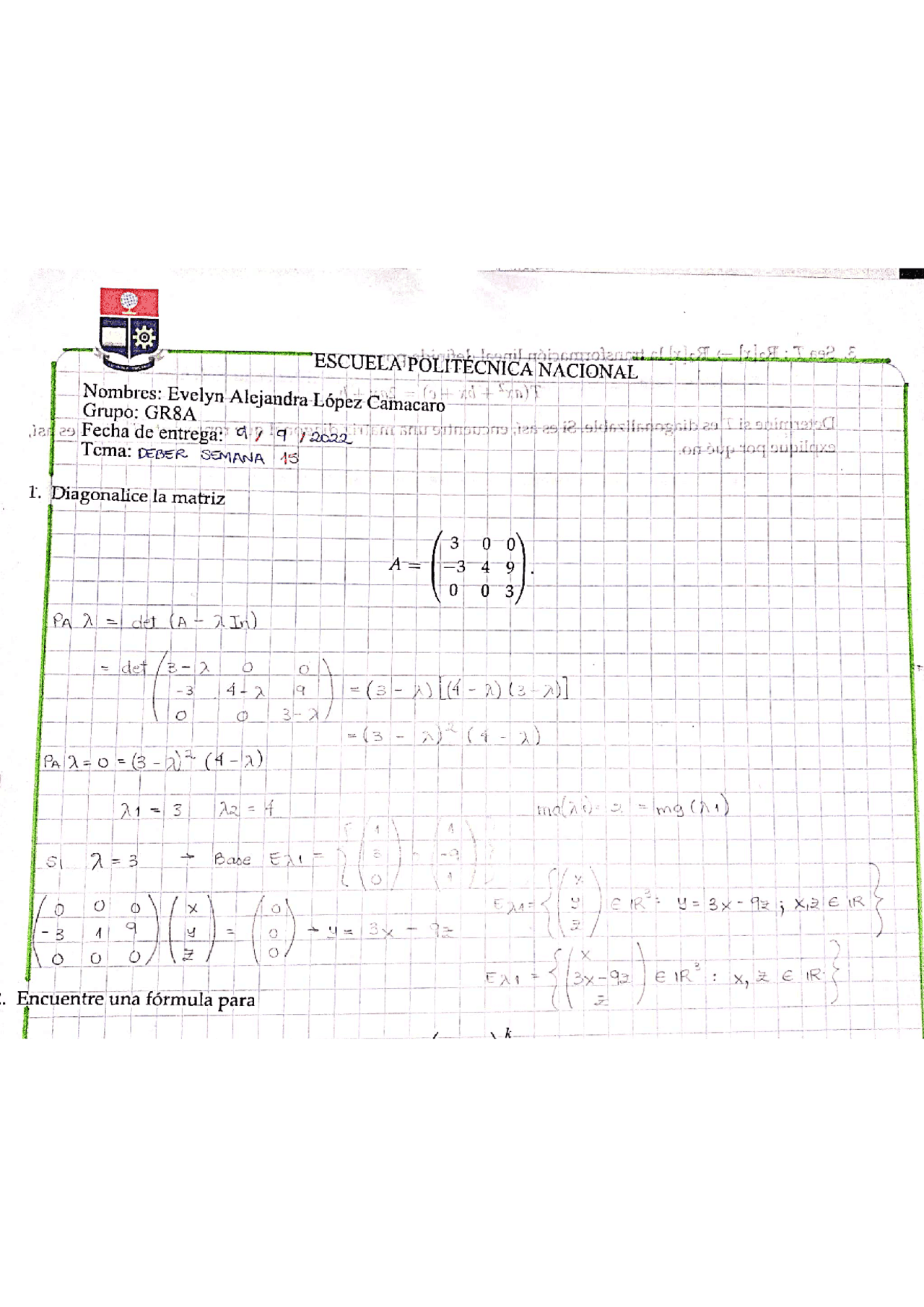 Deber Semana 15 Álgebra Lineal Ejercicios De Álgebra Lineal Docsity