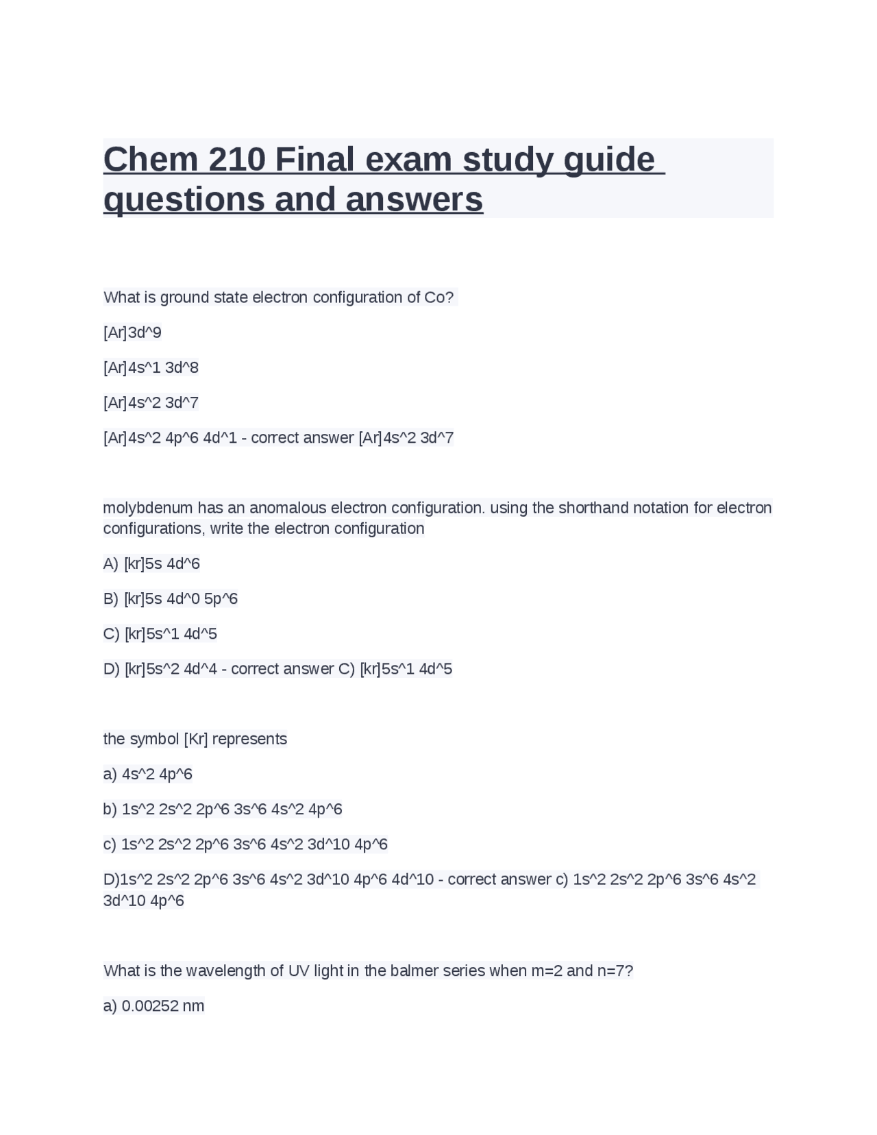 Chem 210 Final exam study guide questions and answers | Exams Chemistry ...
