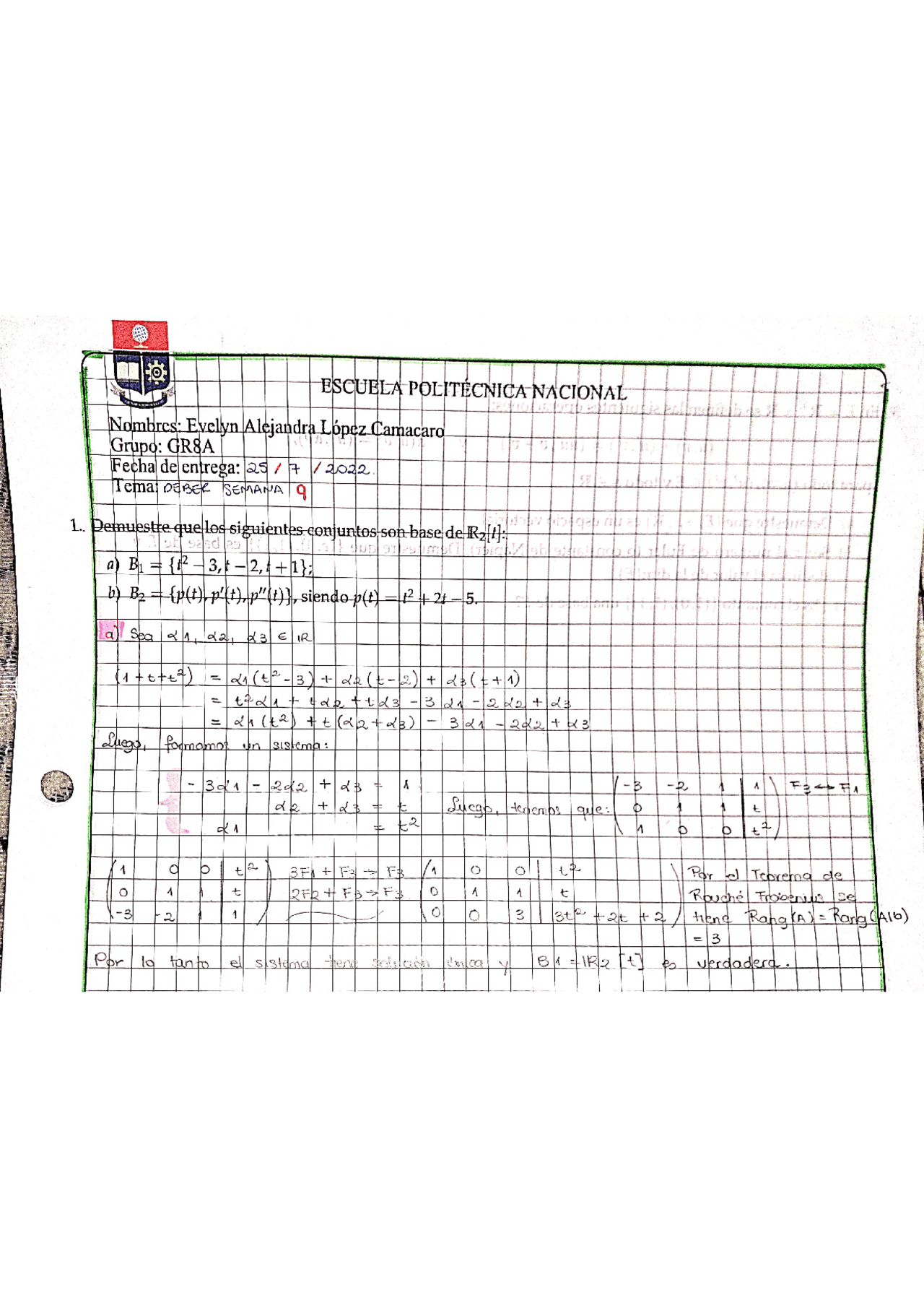 Deber Semana 09 Álgebra Lineal Ejercicios De Álgebra Lineal Docsity