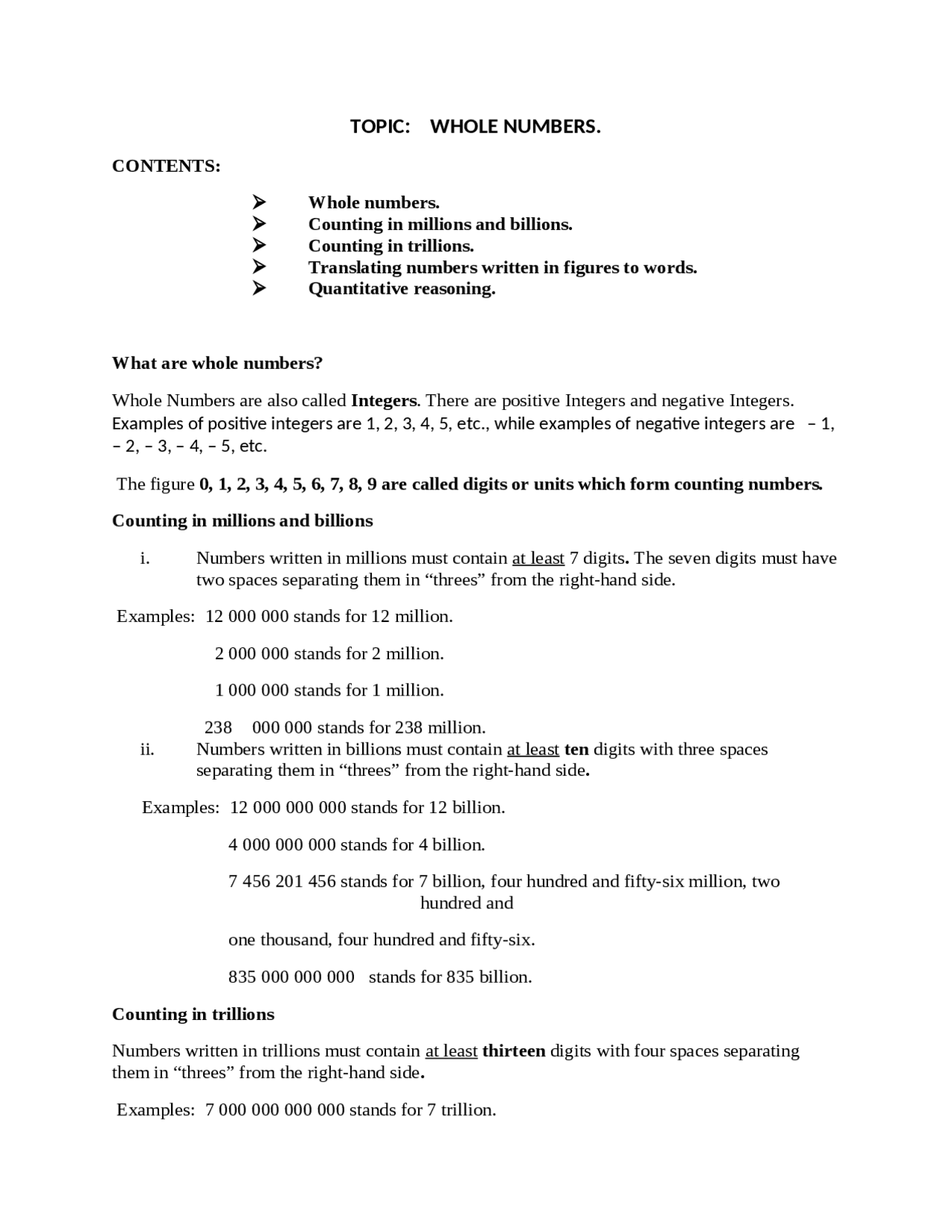 Whole numbers , fractions | Lecture notes Mathematics | Docsity