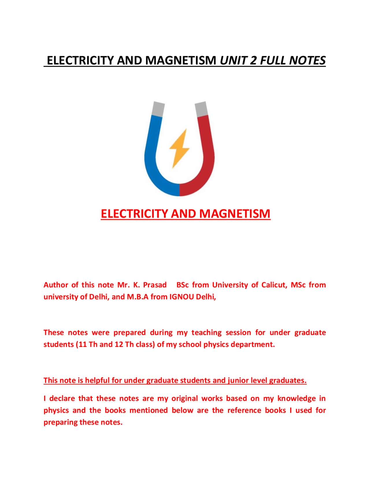 ELECTRICITY AND MAGNETISM UNIT 2 FULL NOTES | Study notes Physics | Docsity