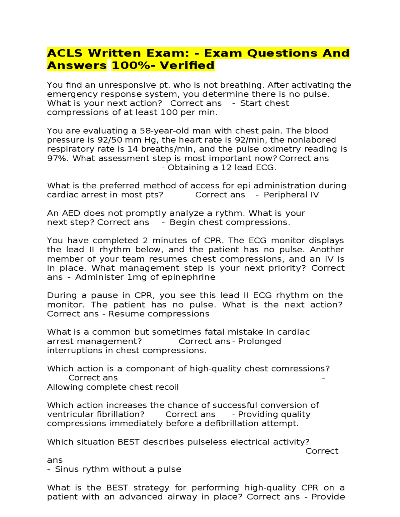 ACLS Written Exam: - Exam Questions And Answers 100%- Verified | Exams ...