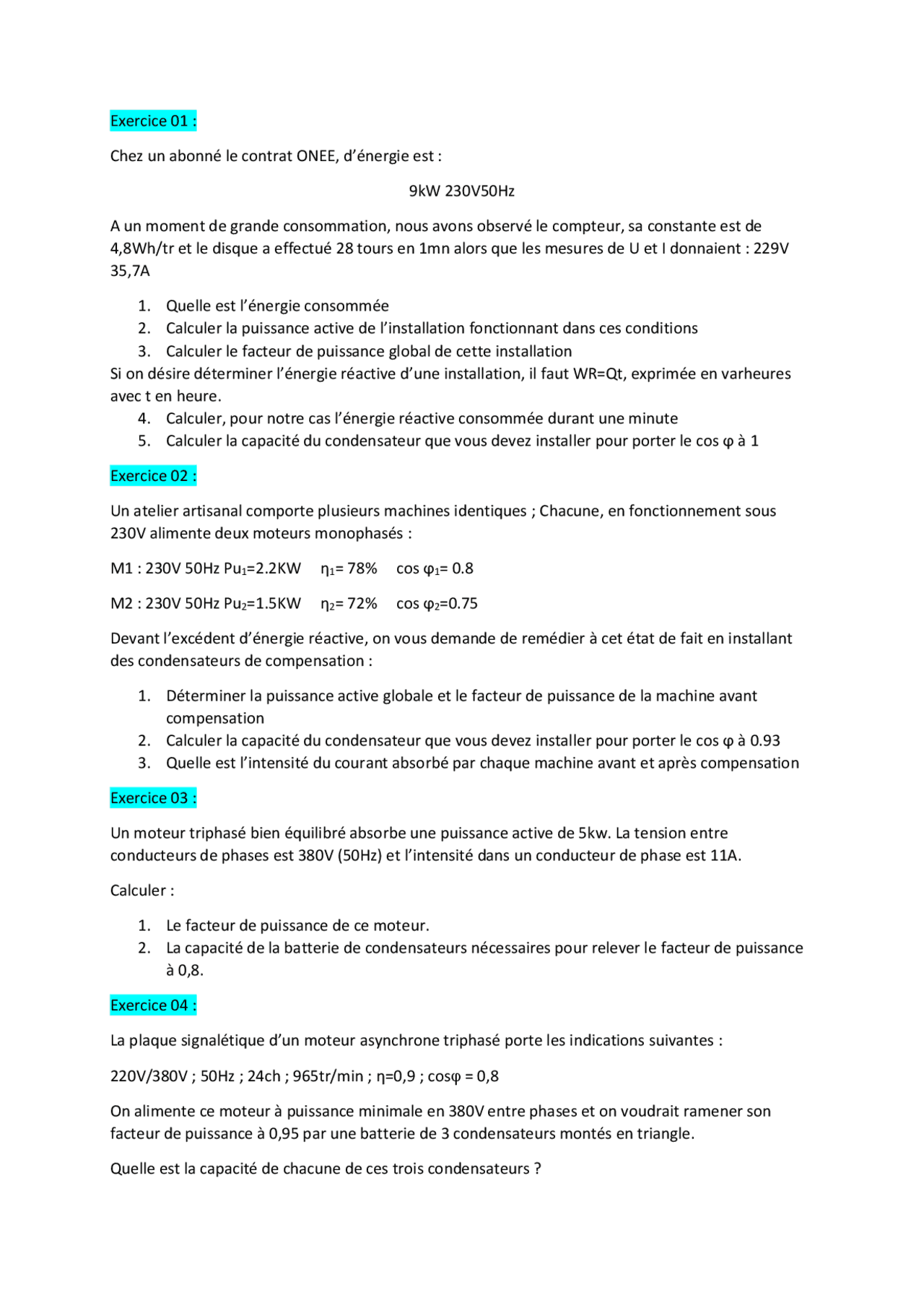 Exercice d energie electrique | Exercises Electronics | Docsity