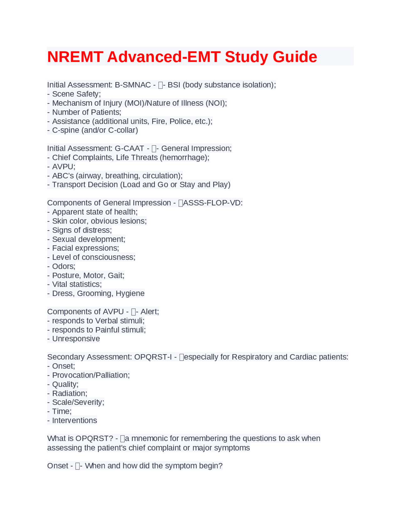 NREMT Advanced-EMT Study Guide | Exams Nursing | Docsity